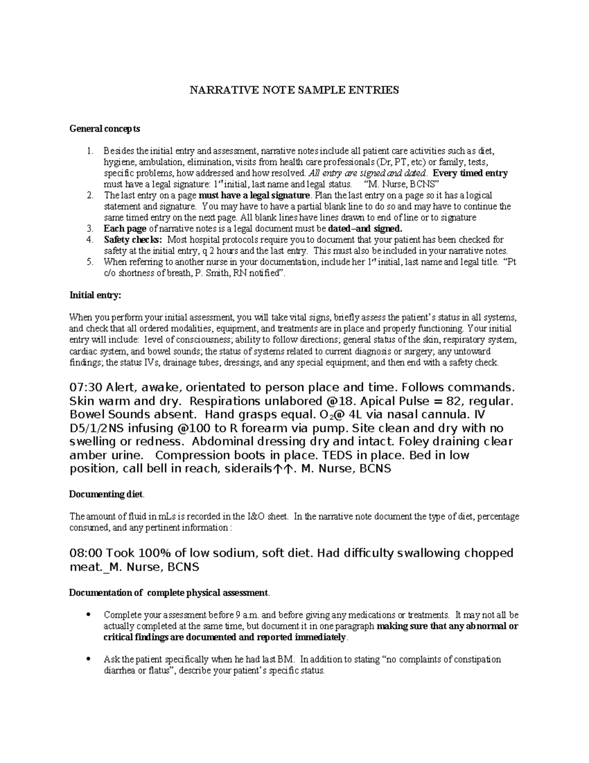 NUR 101: Narrative Note Documentation Examples and Guidelines - Studocu
