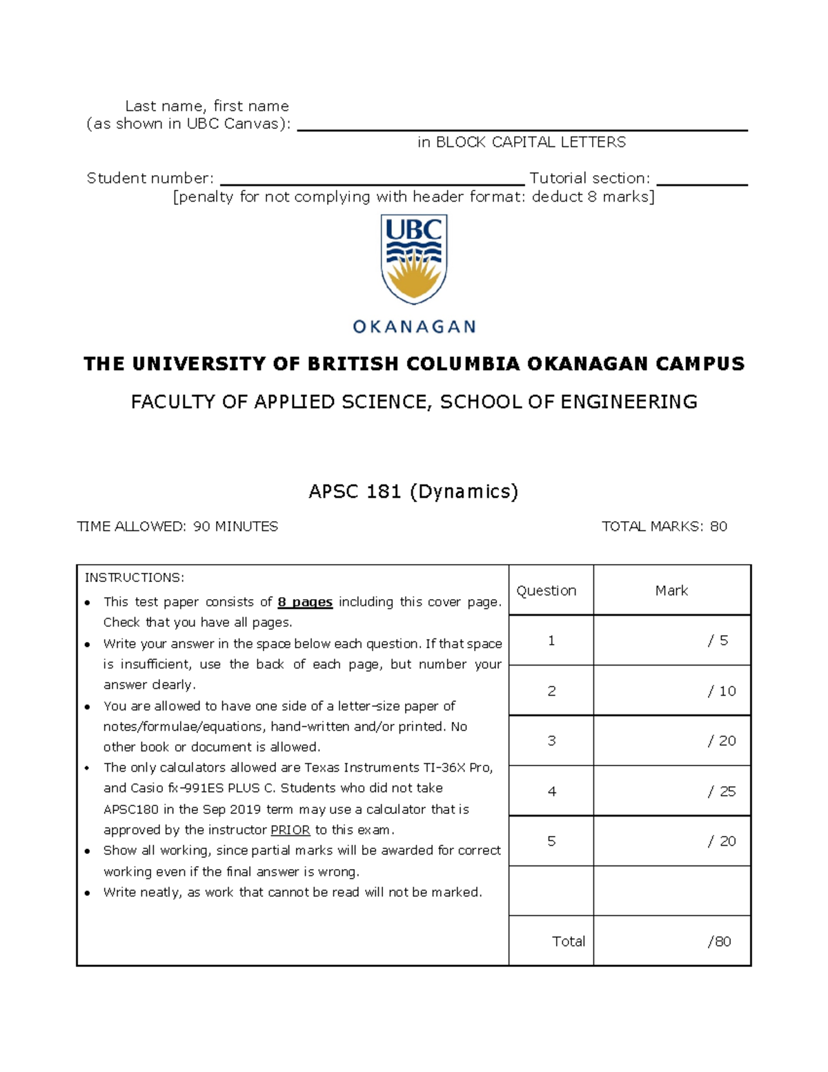 APSC181 Midterm Exam Practice 2020 - MANU 265 - UBC - Studocu