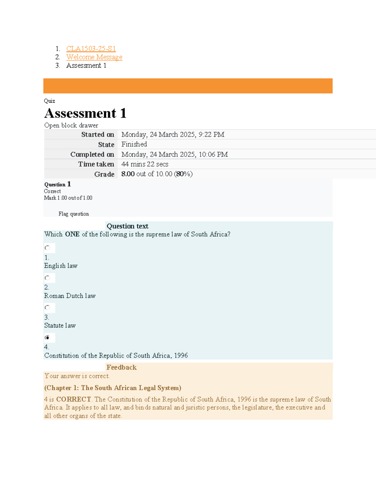 CLA1503-25-S1 - Assessment 1 Quiz Results and Feedback - Studocu