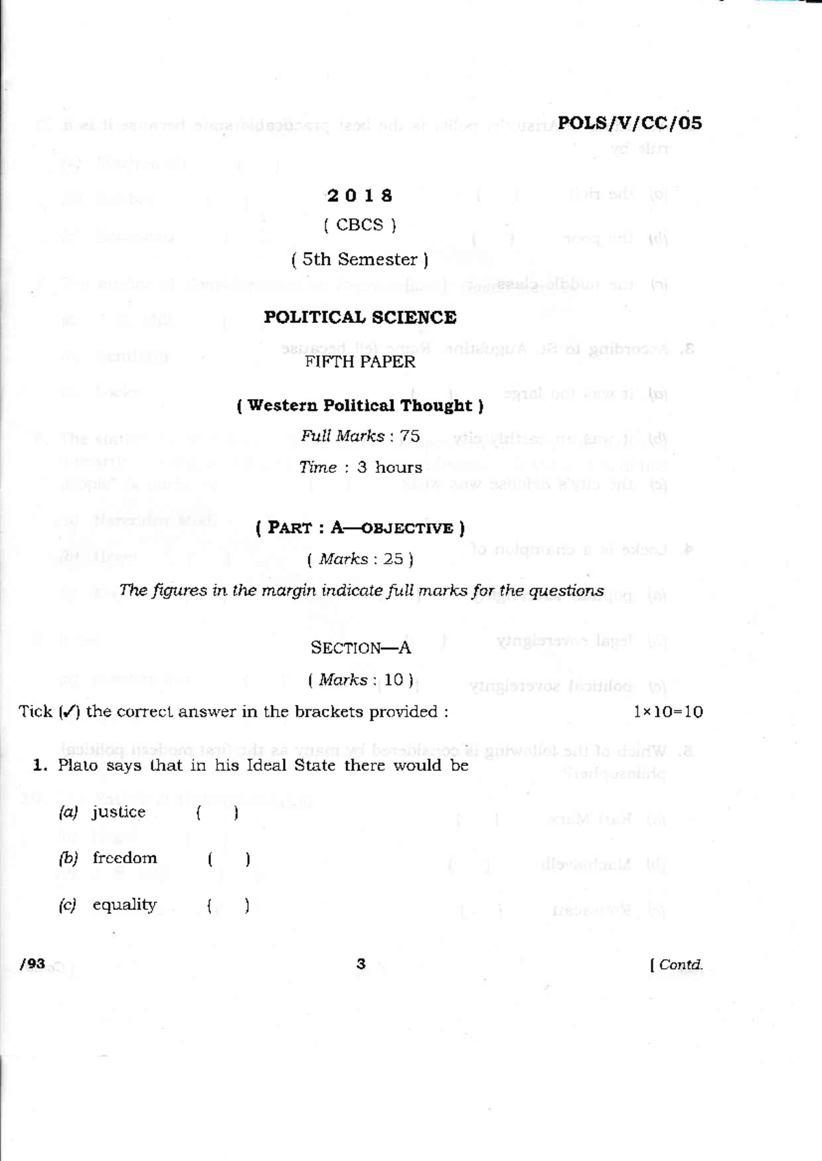 2018 (CBCS) 5th Sem POLITICAL SCIENCE V Paper: Western Political ...