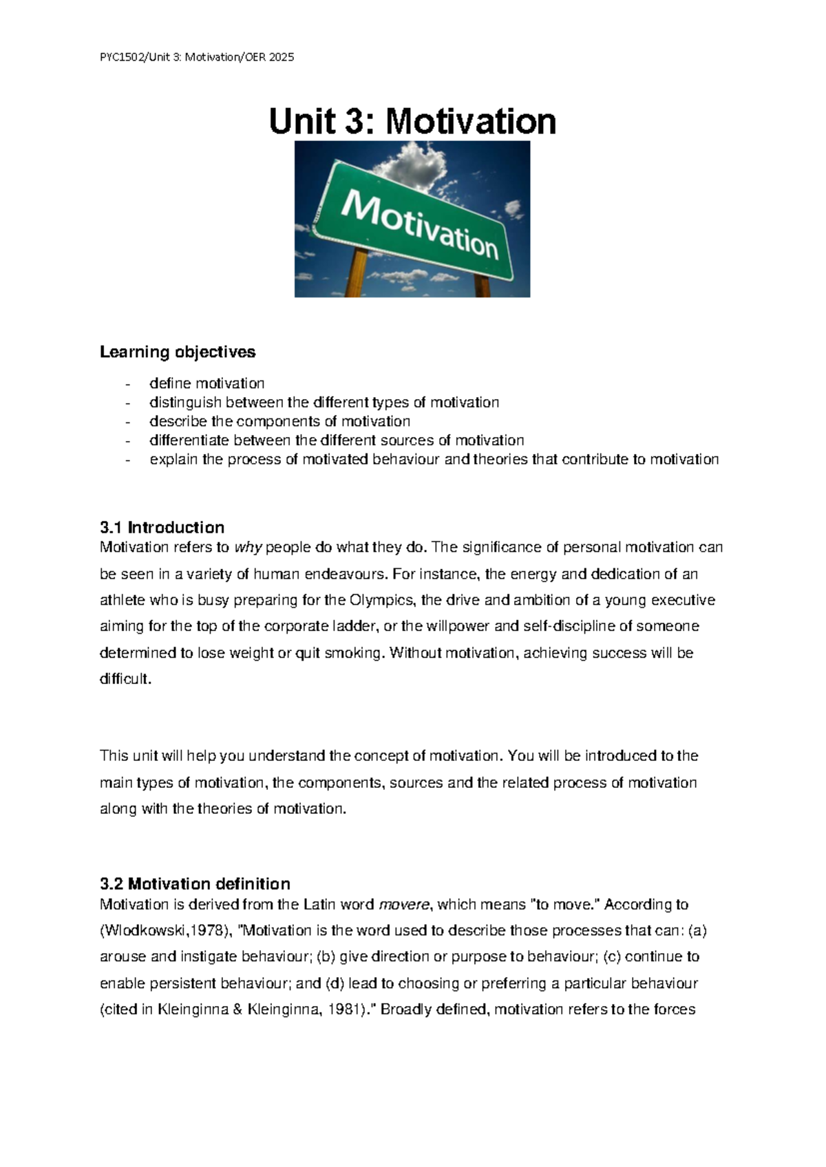 Unit 3: Motivation - Learning Objectives and Key Concepts (2025) - Studocu