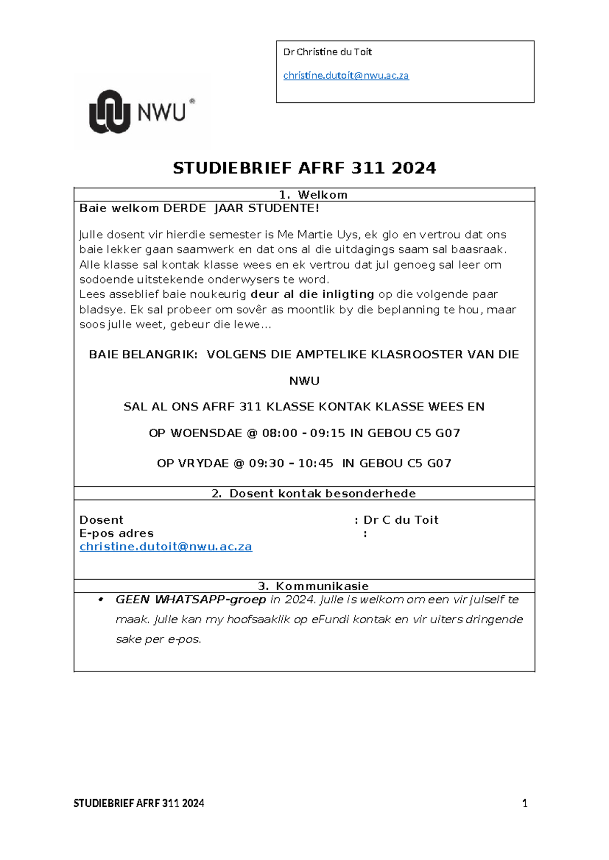 Studiebrief AFRF 311: 2024 Jaarlikse Inligting en Riglyne - Studocu