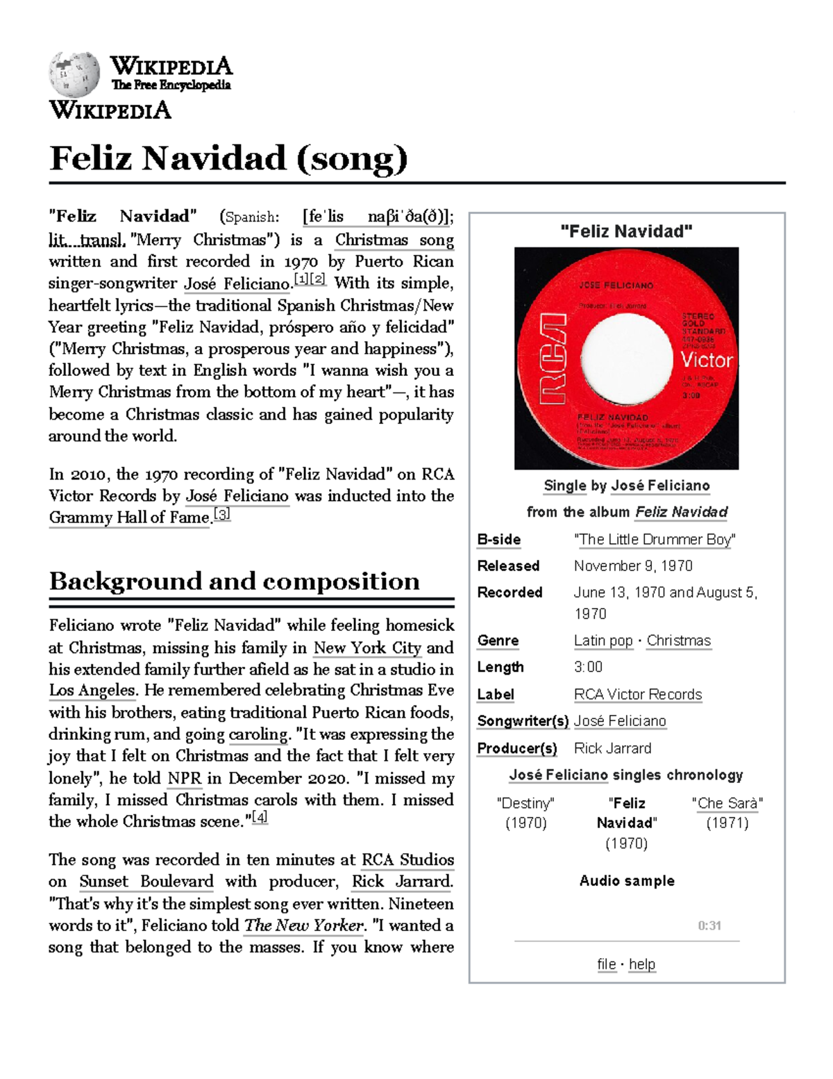 Feliz Navidad (song) - Wikipedia - "Feliz Navidad" Single by José ...