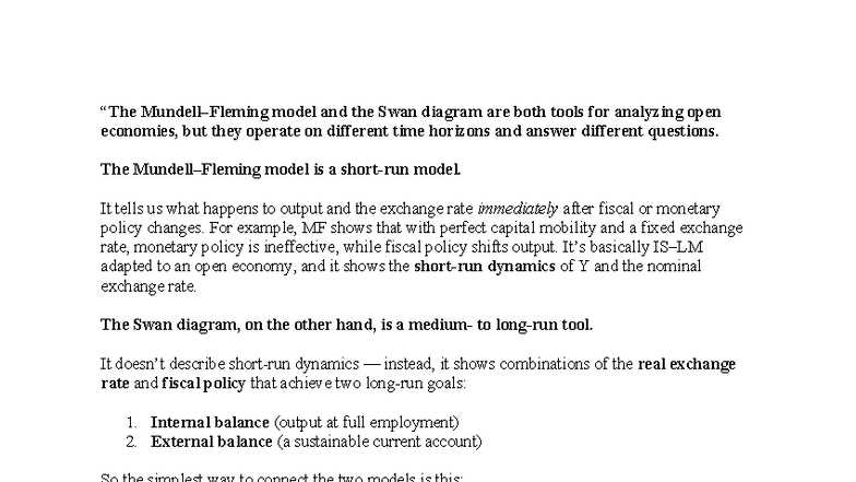 Summary of MF Model & Swan Diagram Analysis in Open Economies - Studeersnel