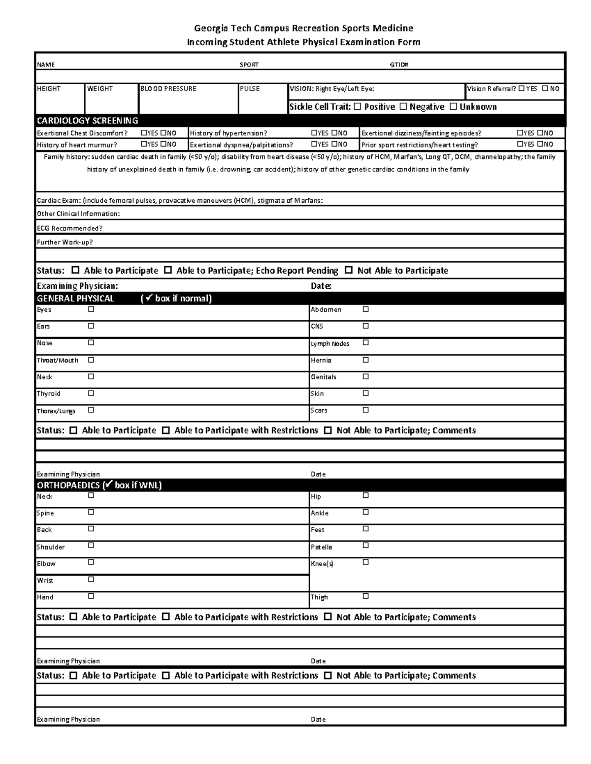 Georgia Tech Sports Medicine Incoming Athlete Physical Exam Form - Studocu