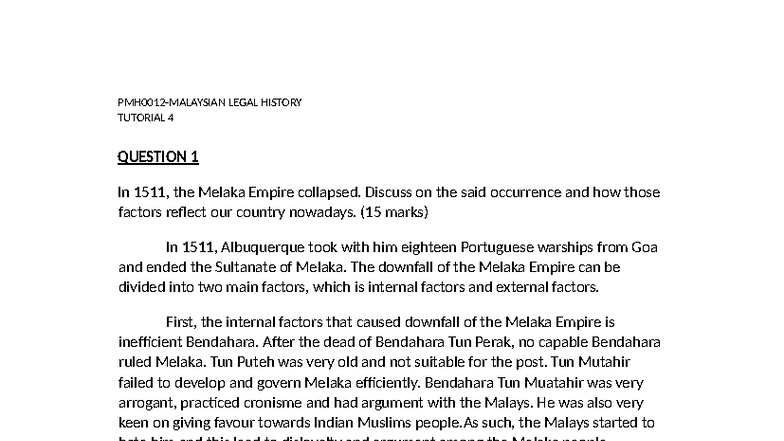 LEGAL HISTORY TUTORIAL 4: MELAKA EMPIRE COLLAPSE ANALYSIS - Studocu