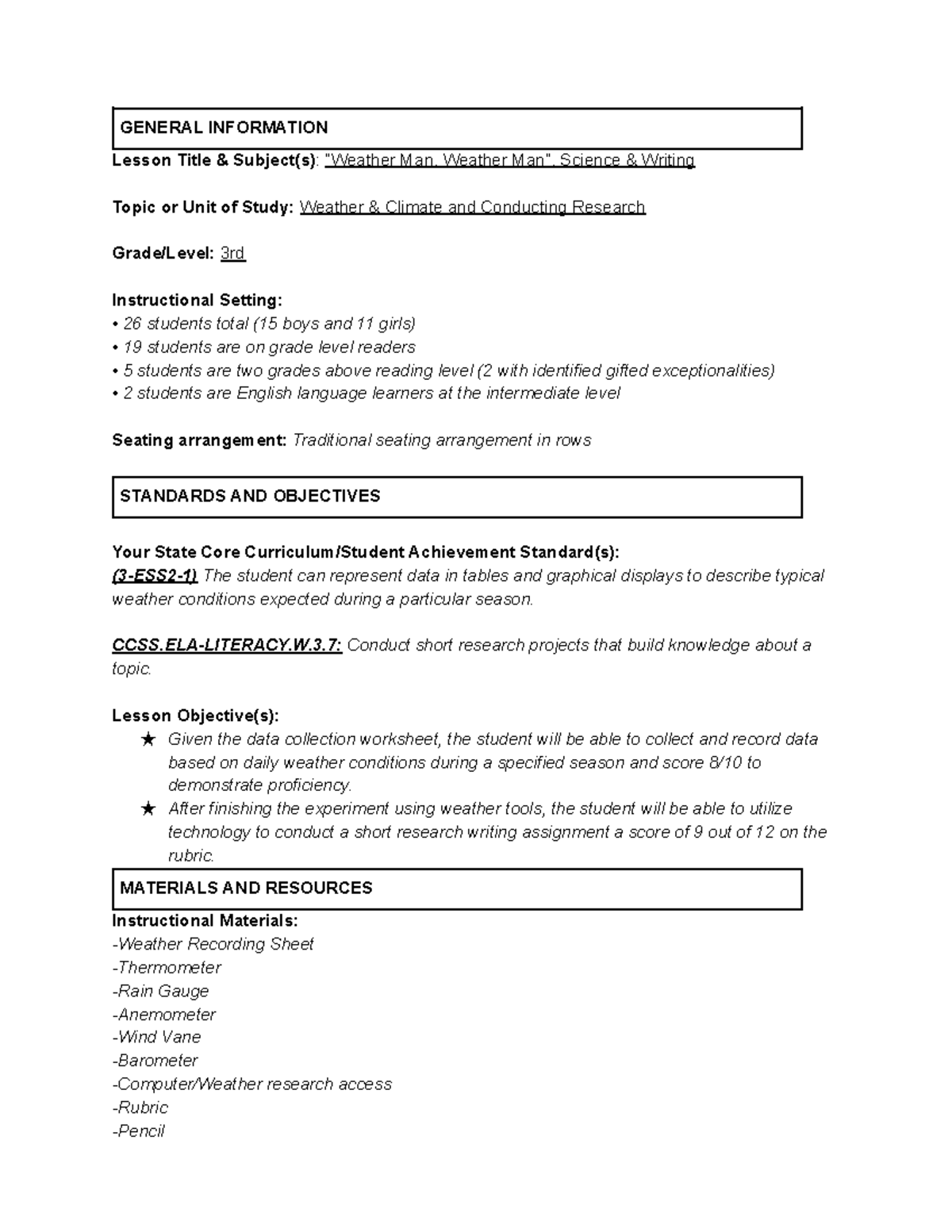 C732 Task 2 - Lesson plan - GENERAL INFORMATION Lesson Title & Subject ...