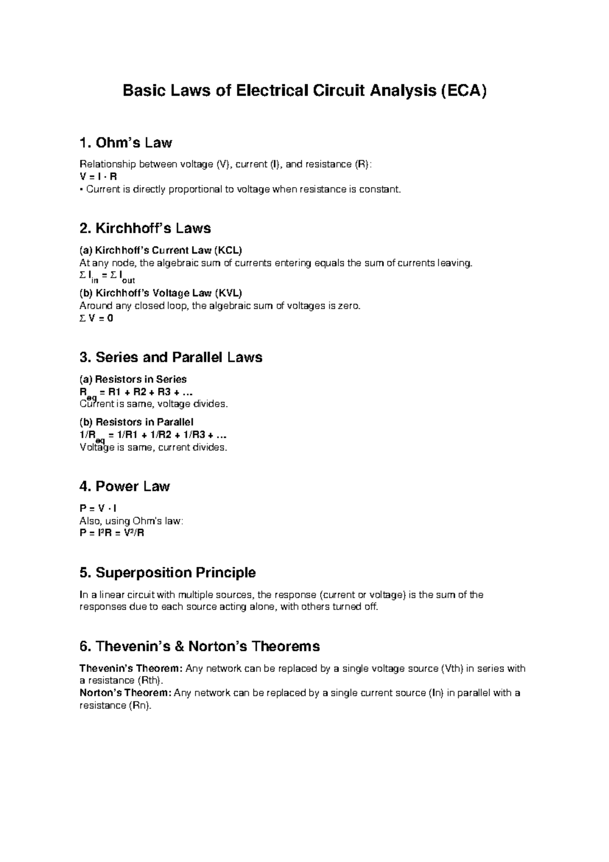 ECA Basic Laws of Electrical Circuit Analysis Explained - Studocu