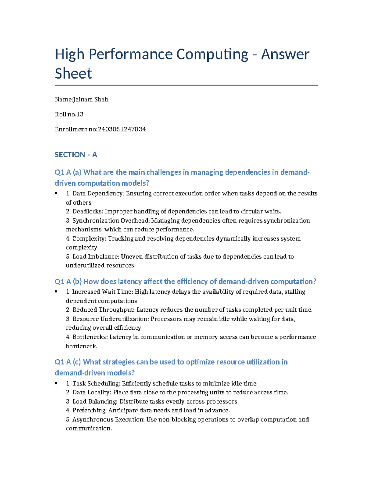 HPC Answer Sheet 303105355: Challenges & Strategies in High Performance ...