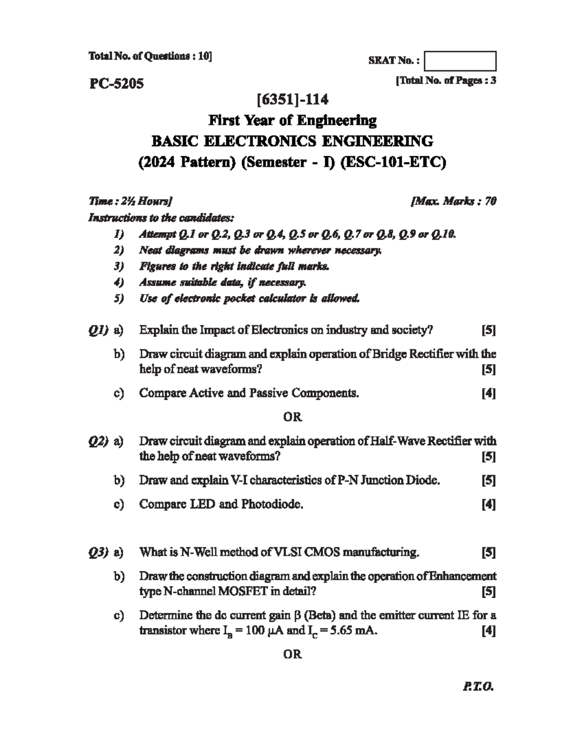 BXE101 Basic Electronics Engineering Semester I Exam Paper 2024 - Studocu
