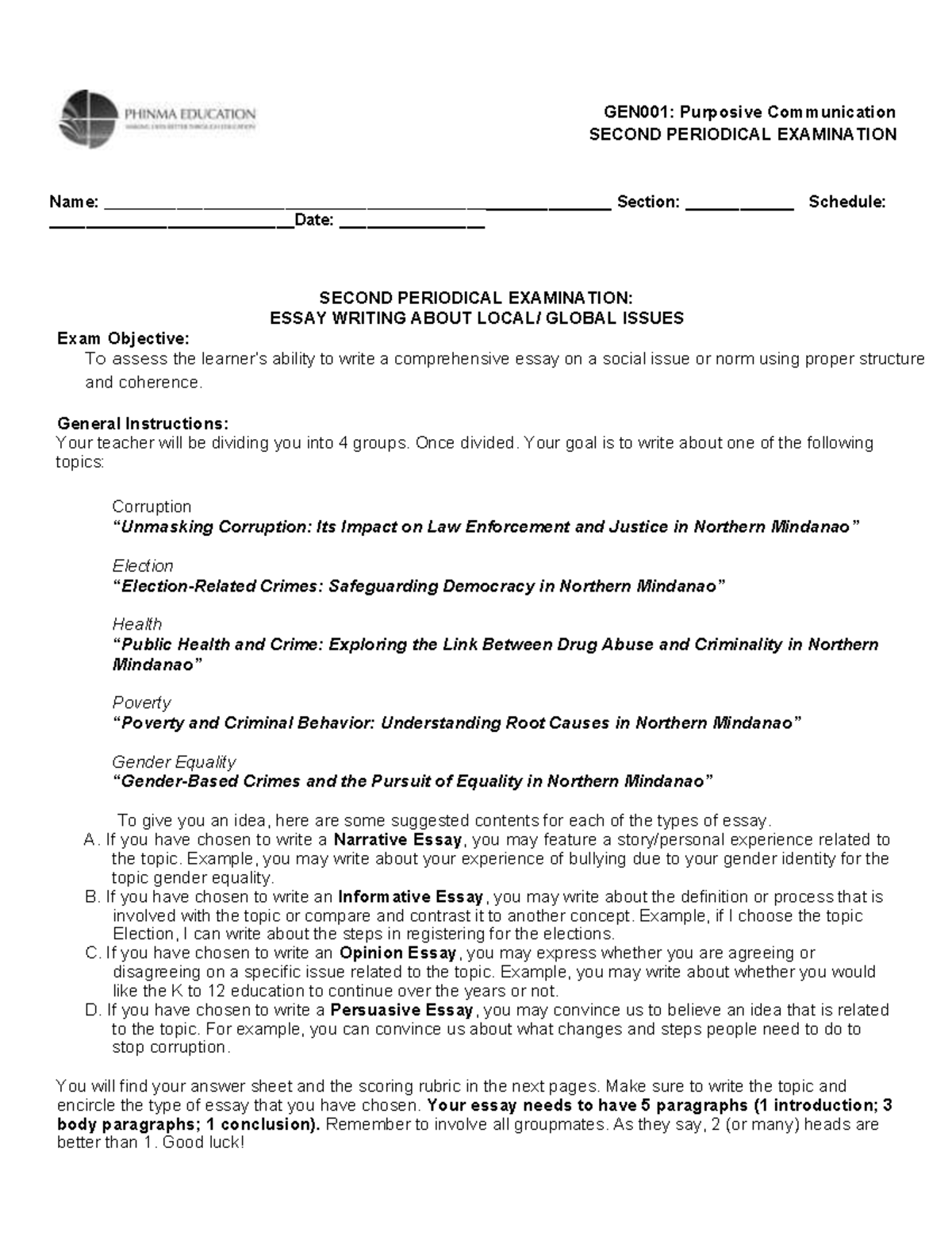 GEN001: Purposive Communication Second Periodical Exam Essay on Global ...