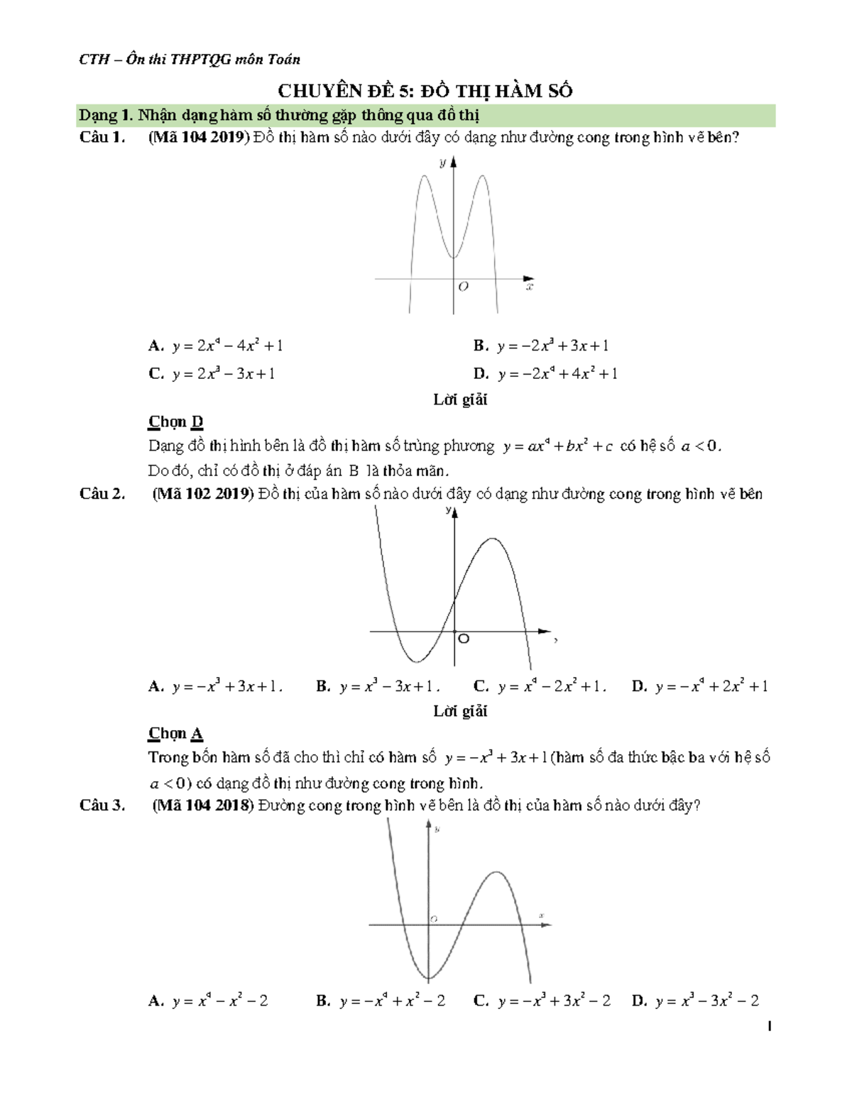 CTH Ôn thi THPTQG môn Toán - Chuyên đề 5: Đồ thị hàm số (BTVN - Đáp án ...