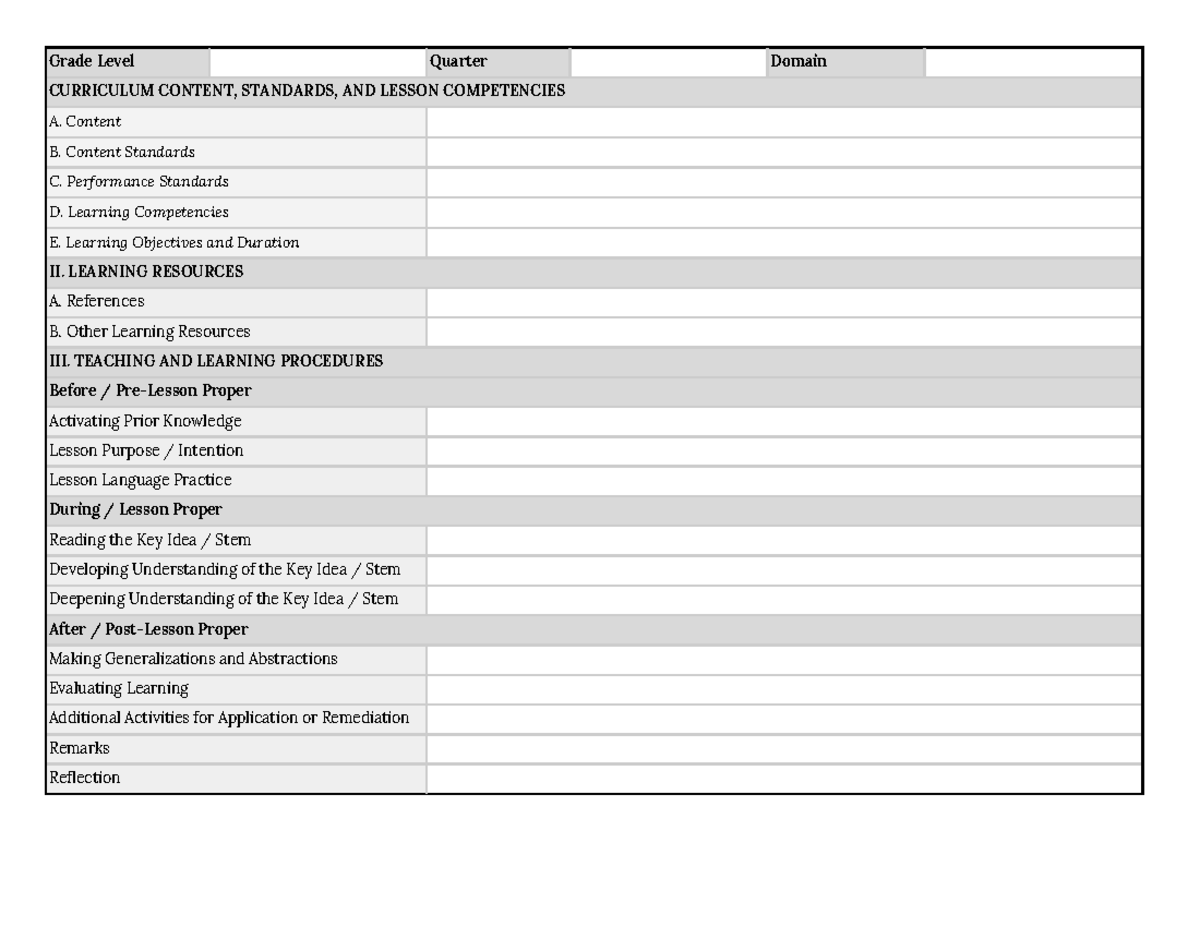 Lesson Plan Template - Grade Level Quarter Domain CURRICULUM CONTENT ...