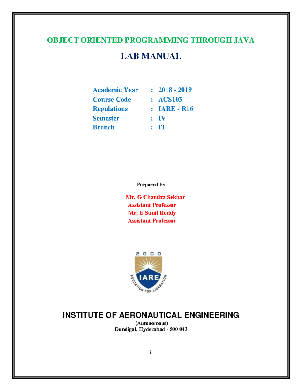 IARE ACS OOPS Through Java Lab Manual for Semester IV - Studocu