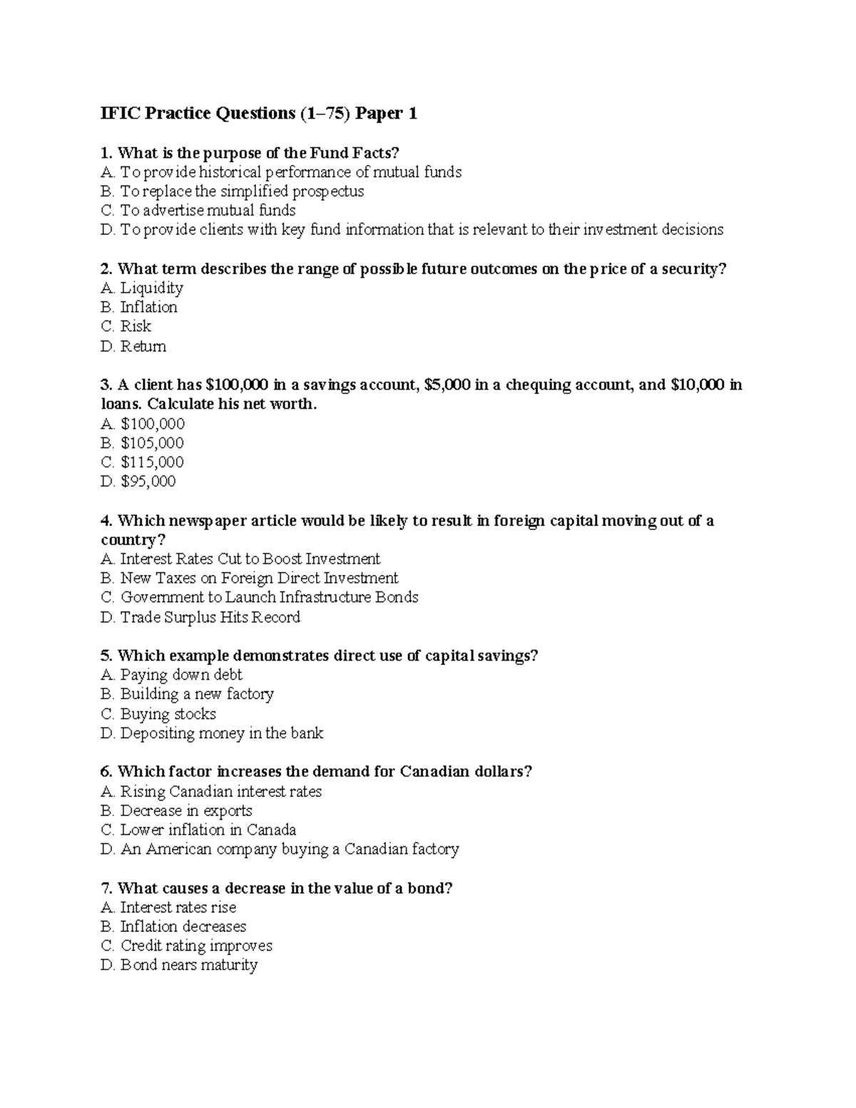 IFIC Practice Questions (1-75) for Exam Preparation - Studocu