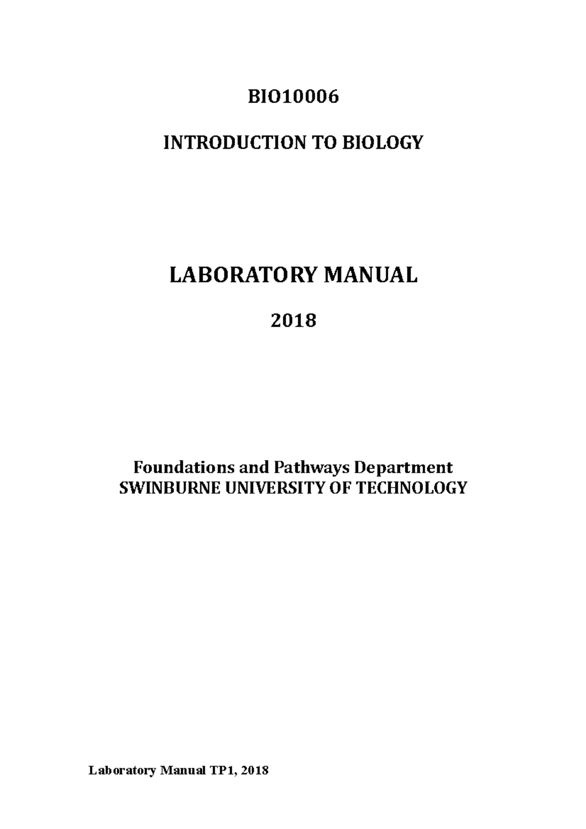 BIO10006 Lab Manual: Practical Activities & Guidelines 2018 - Studocu