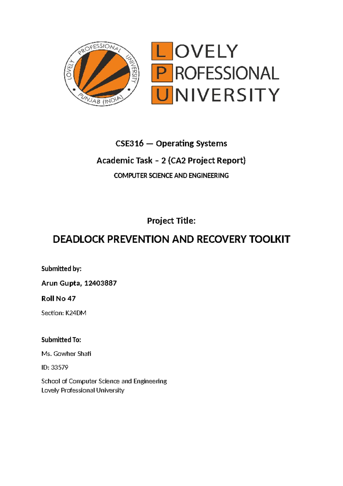 CSE316 Deadlock Prevention & Recovery Toolkit Project Report - Studocu