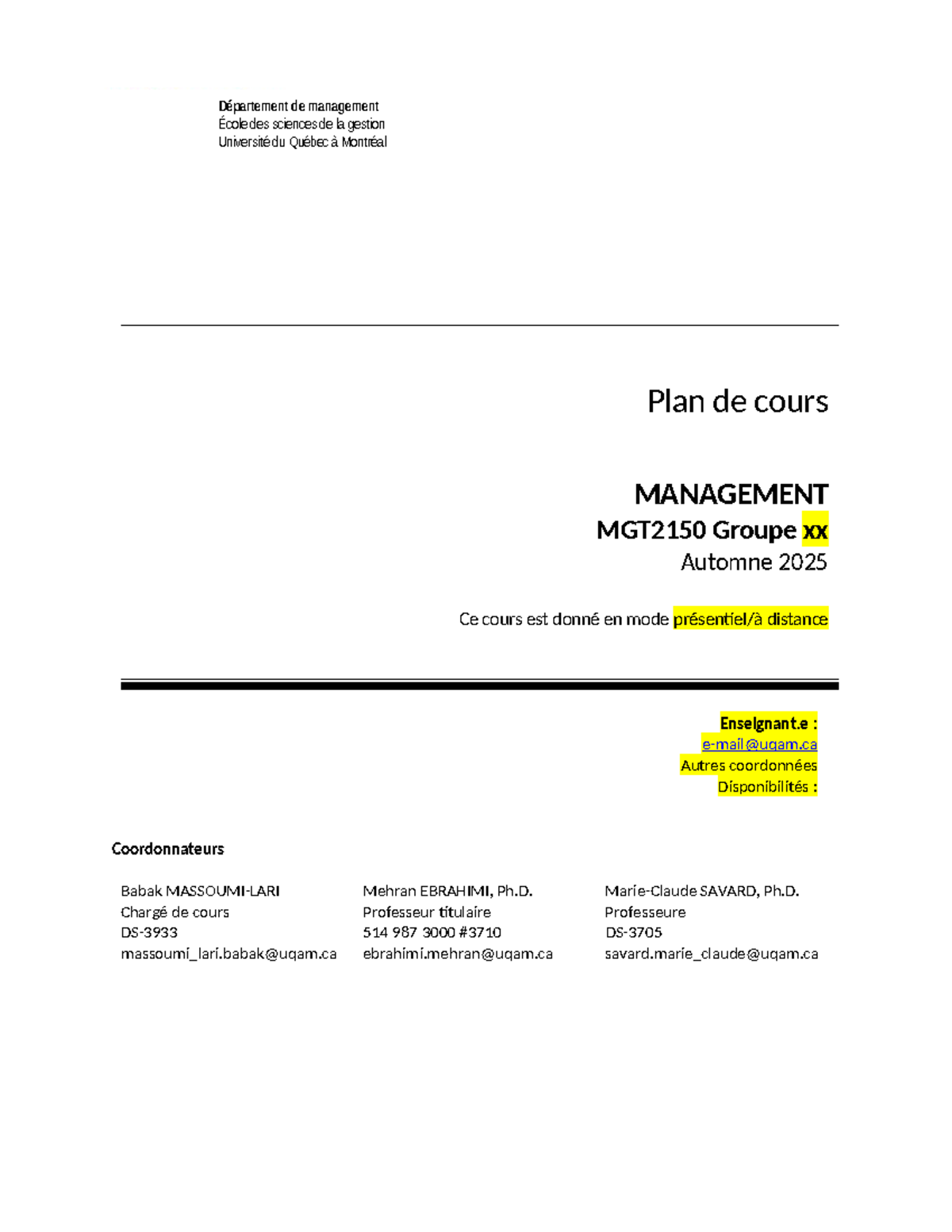 MGT2150 - Plan de Cours Management - Automne 2025 - Studocu