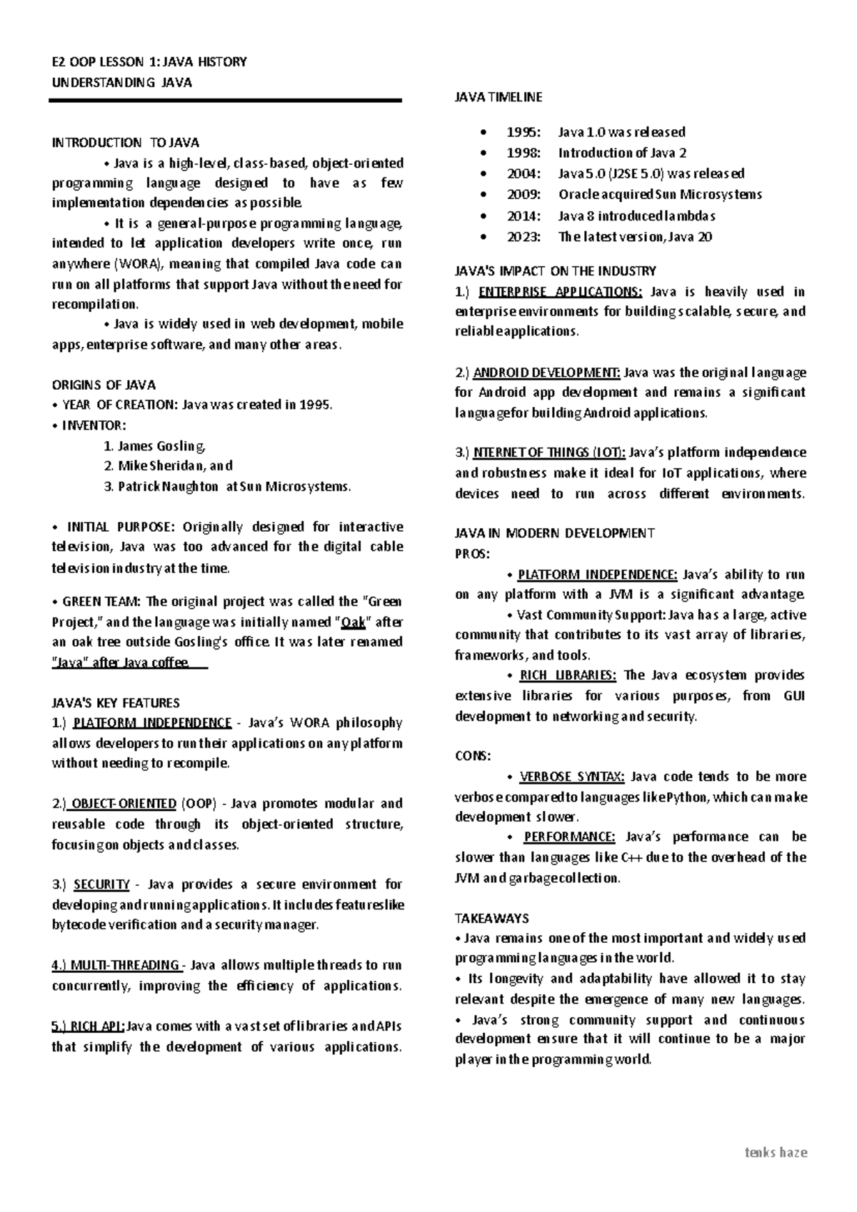 E2 OOP LESSON 1-2: JAVA HISTORY & BASICS OVERVIEW - Studocu