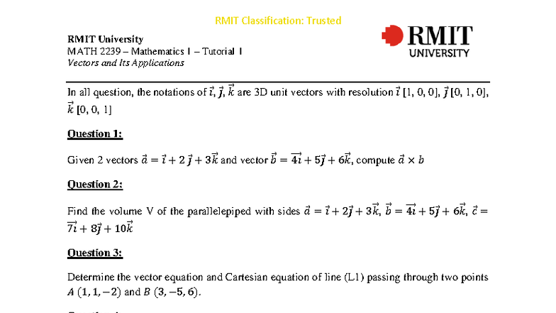 MATH 2239 Tutorial 1: Vectors & Applications in 3D - Studocu