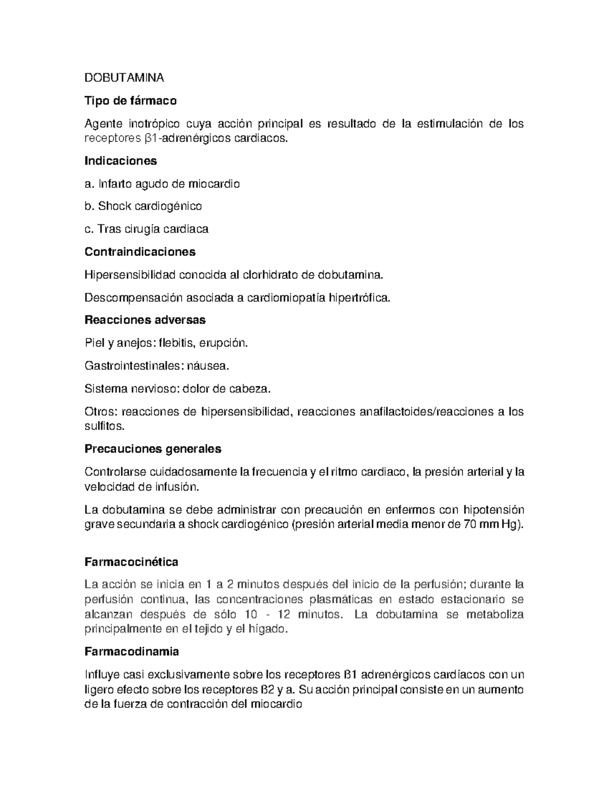 DOBUTAMINA: Agente Inotrópico y sus Características Clínicas - Studocu