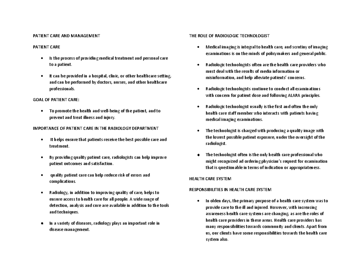 PATIENT CARE IN RADIOLOGY: ROLE OF RADIOLOGIC TECHNOLOGISTS - Studocu