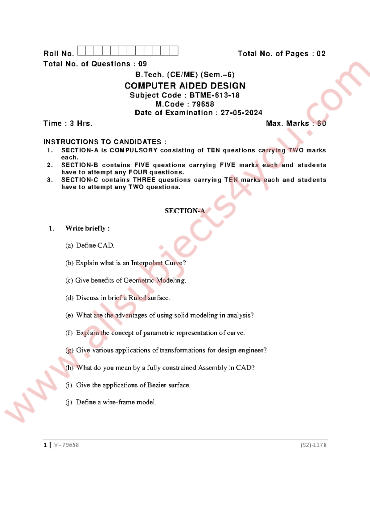 B.Tech. CAD Exam Paper (M.Code: 79658) - 27 May 2024 - Studocu