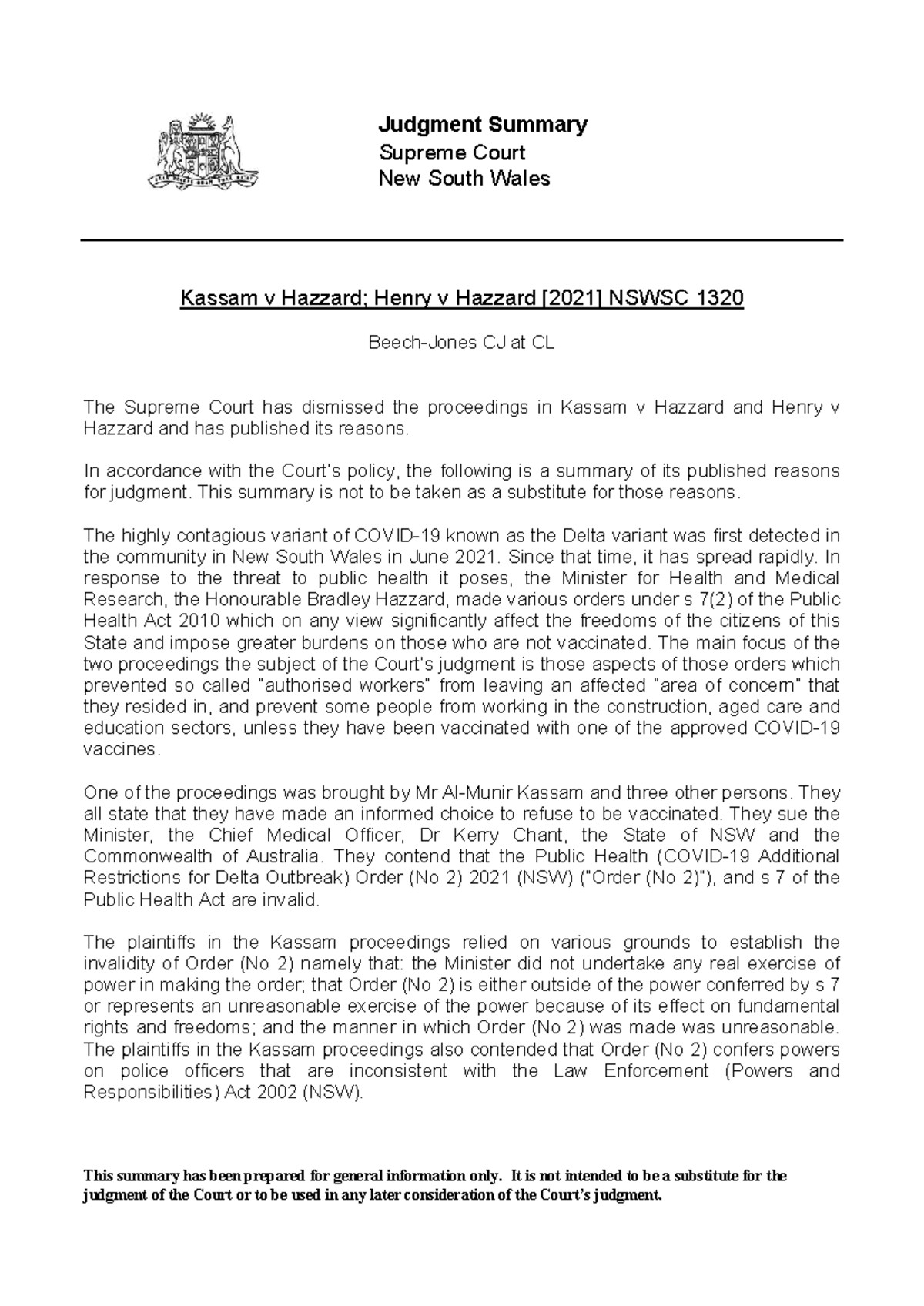 Kassam & Henry v Hazzard: NSWSC Judgment Summary on Public Health ...