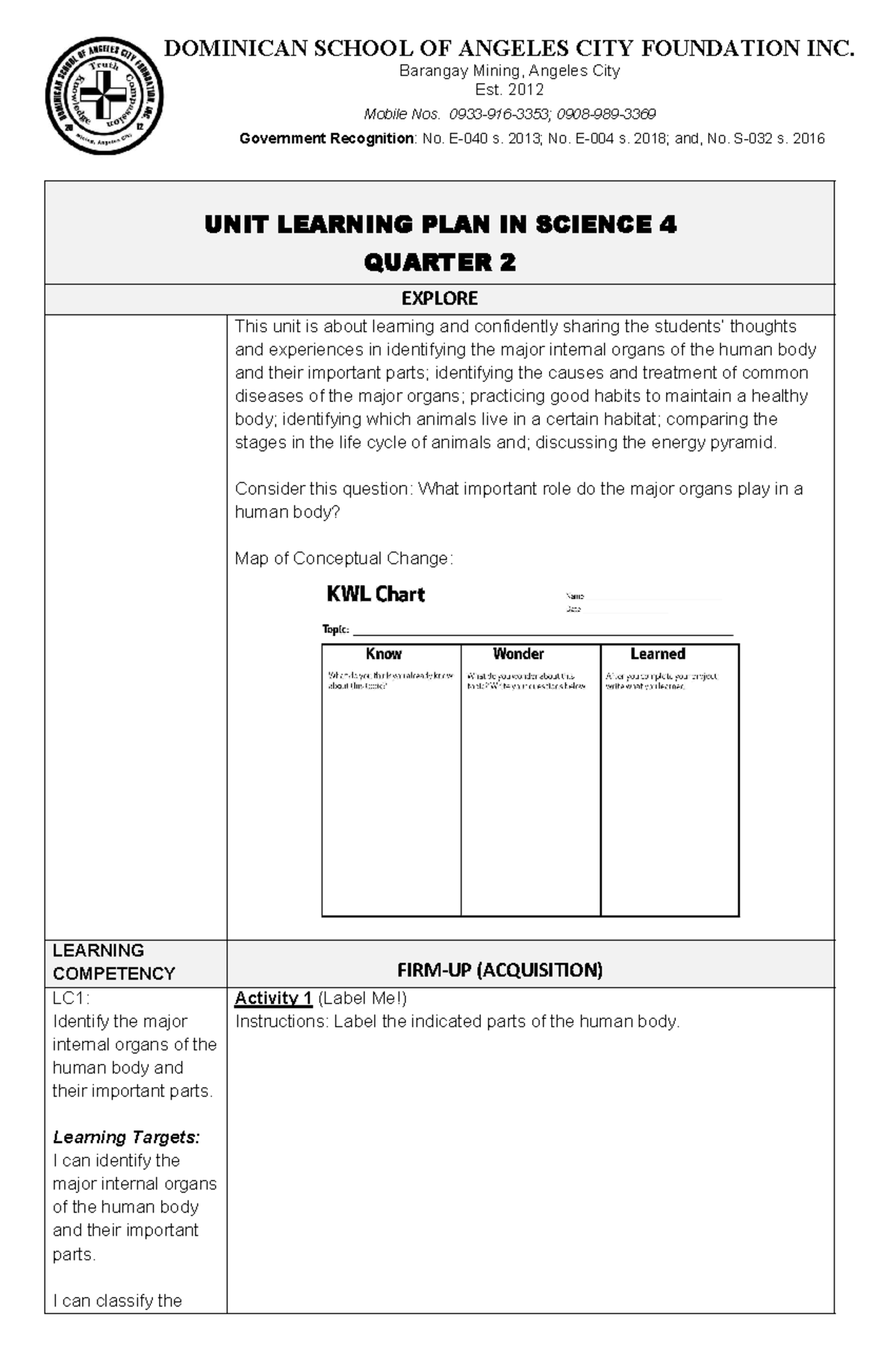 Unit Learning Plan Science 4 Quarter 2 - UNIT LEARNING PLAN IN SCIENCE ...