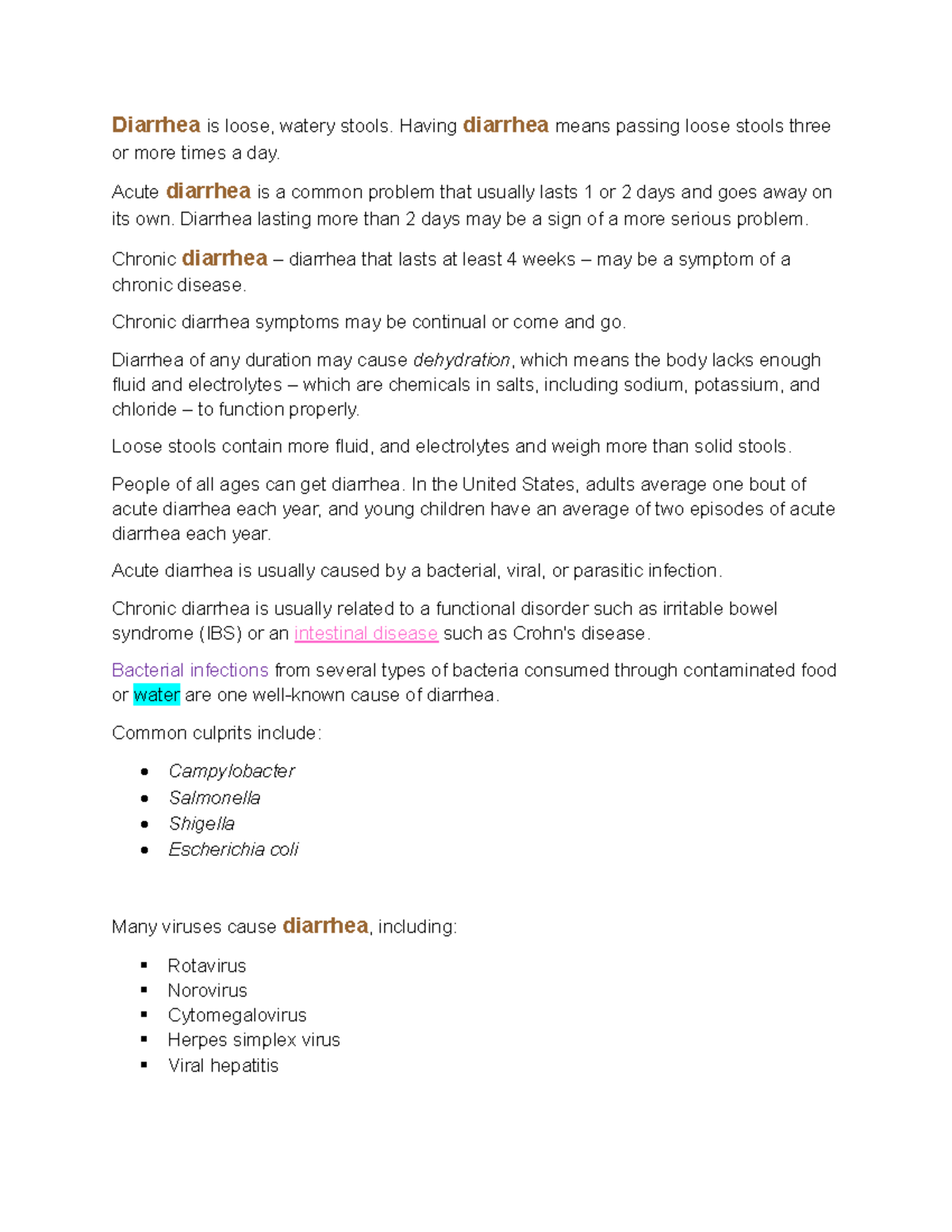Diarrhea: Understanding Acute and Chronic Conditions - Disorders - Studocu