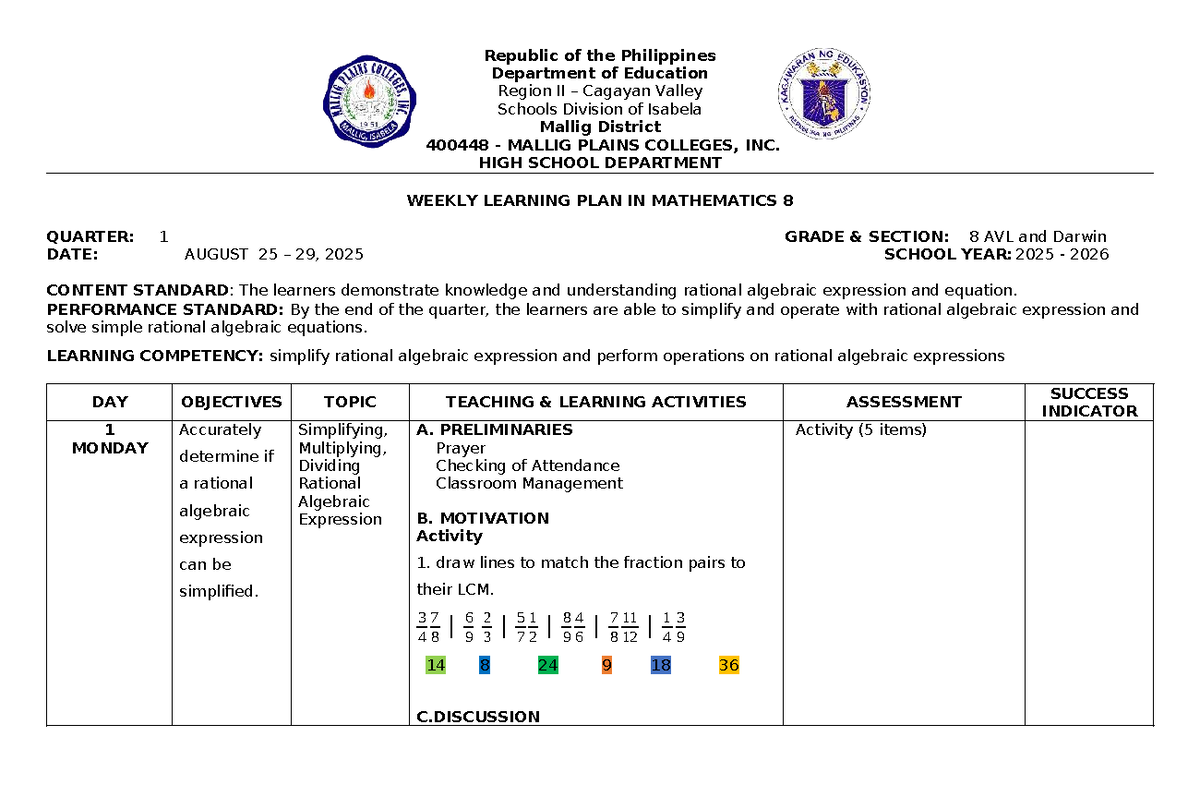 WLP: Mathematics 8 Weekly Learning Plan (Aug 25-29, 2025) - Studocu