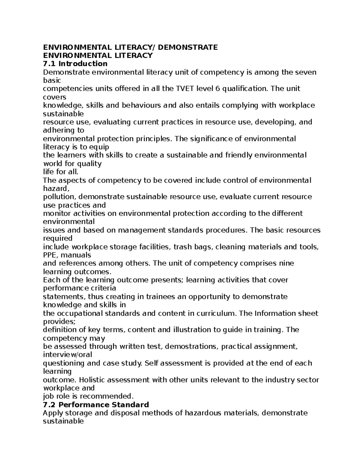 Environmental Literacy Competency Guide for TVET Level 6 Training - Studocu