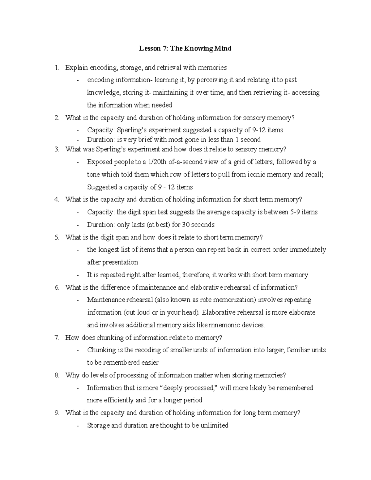 Lesson 7 Study Guide - Professor Love - Lesson 7: The Knowing Mind ...