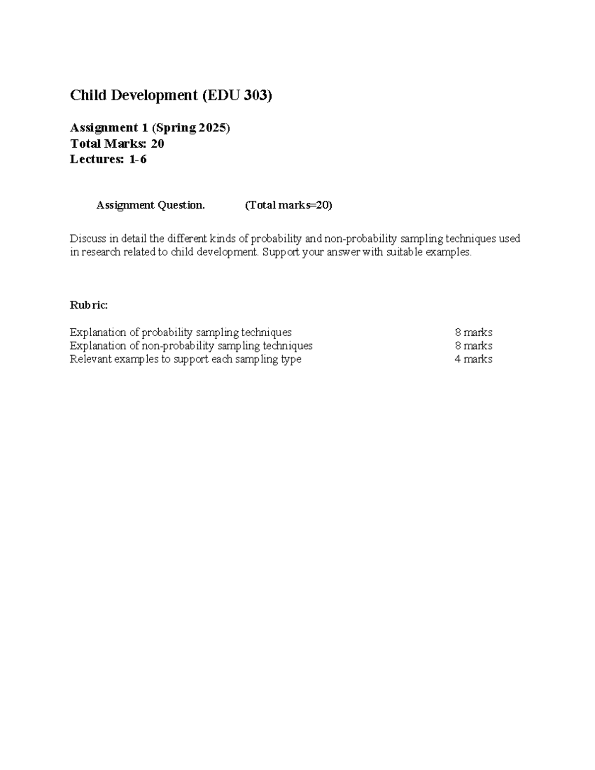 Child Development (EDU 303) Assignment 1: Probability & Sampling ...