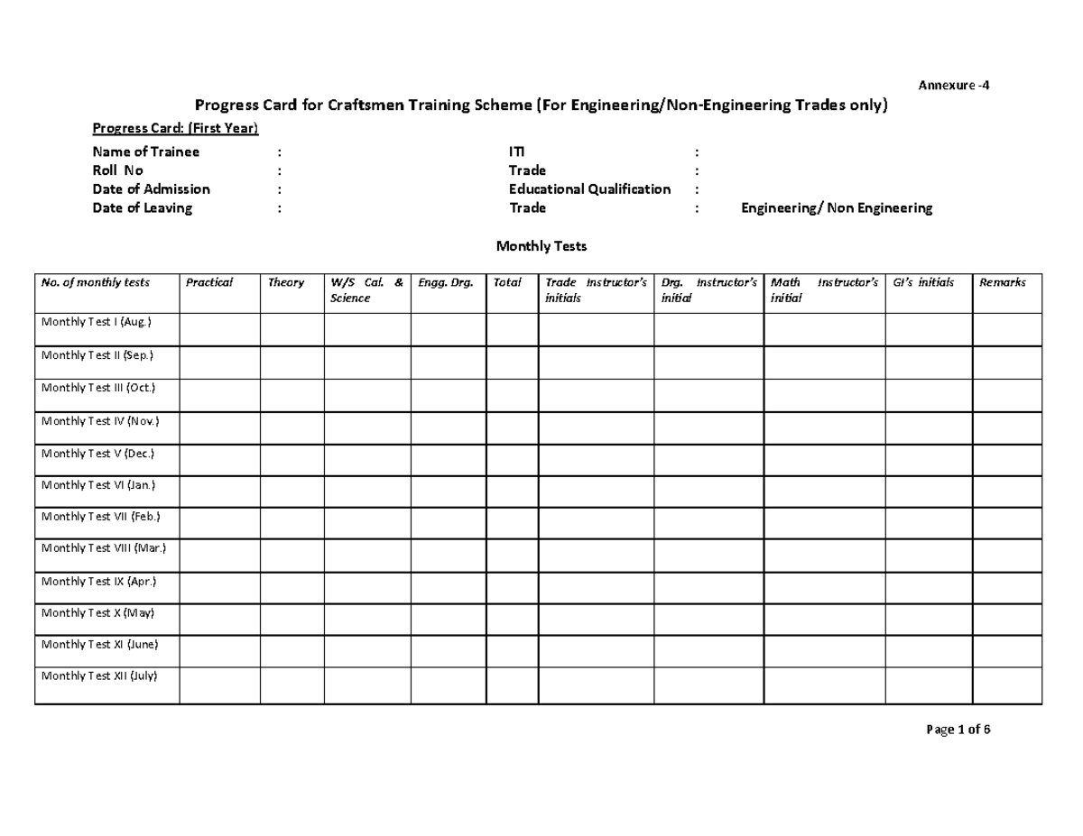 Progress Card for ITI Craftsmen Training Scheme (1st Year) - Studocu