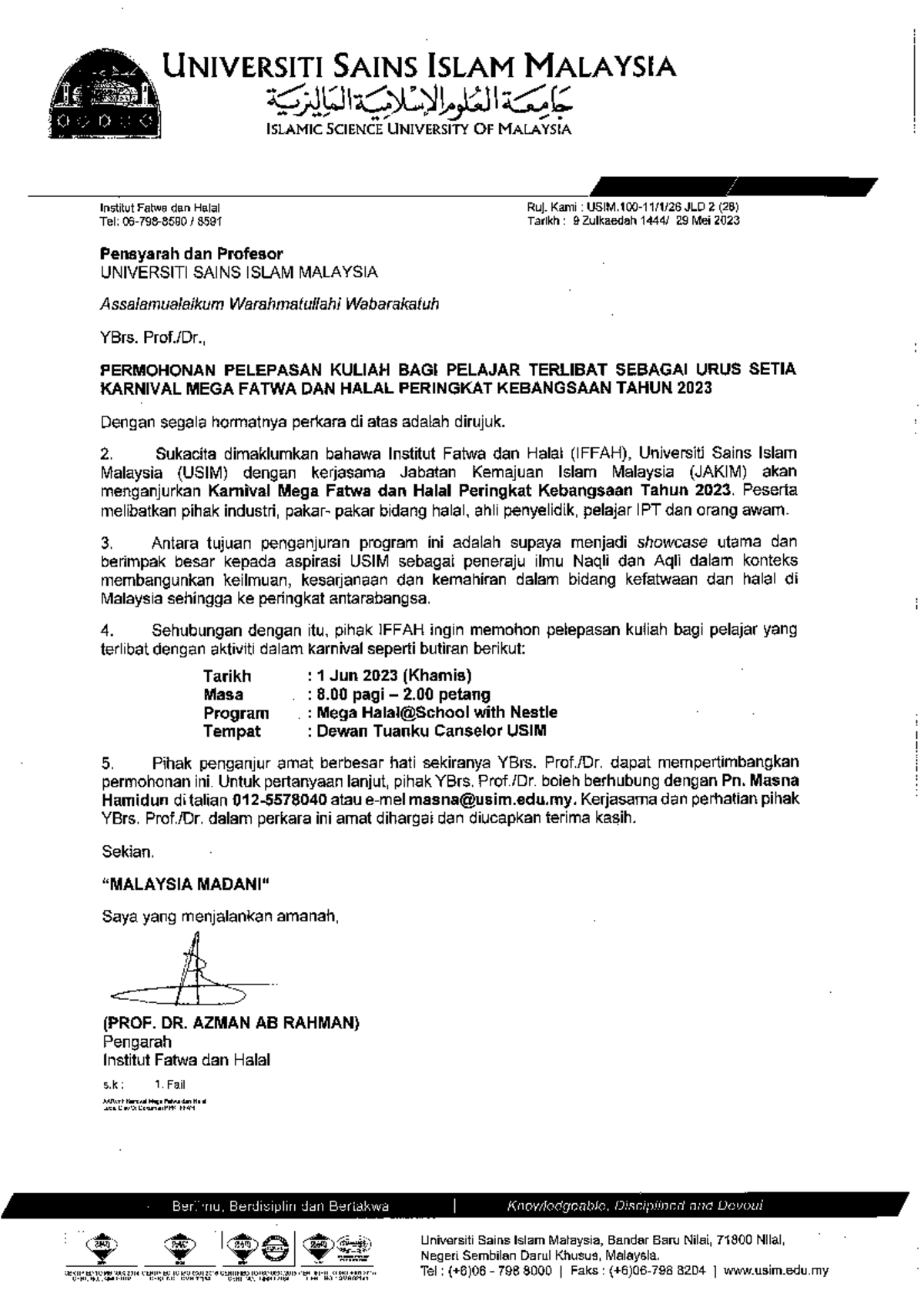 Surat Mohon Pelepasan Kuliah - UNIVERSITI SAINS ISLAM MALAYSIA ISLAMIC SCIENCE UNIVERSITY OF ...