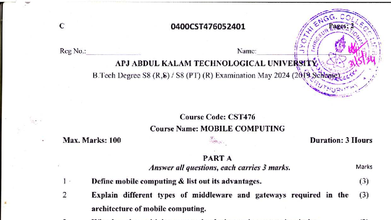CST476 Mobile Computing Final Exam Questions - May 2024 - Studocu