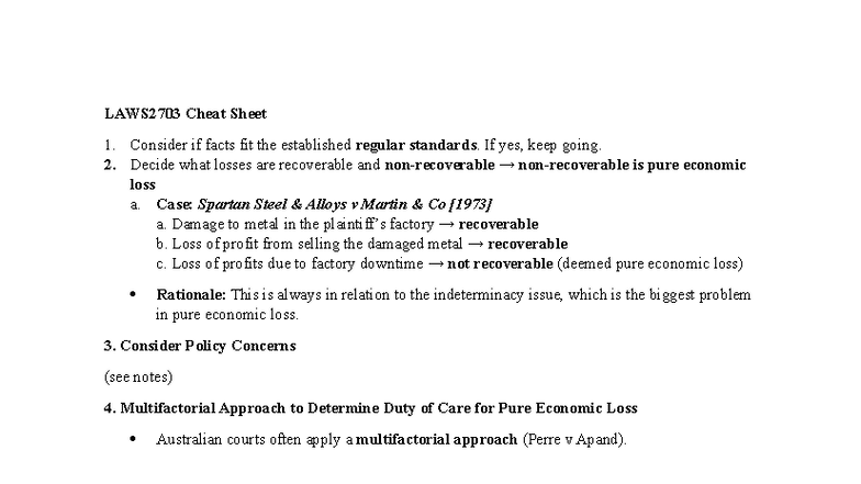 LAWS2703 Cheat Sheet - Summary Notes on Economic Loss and Duty of Care ...