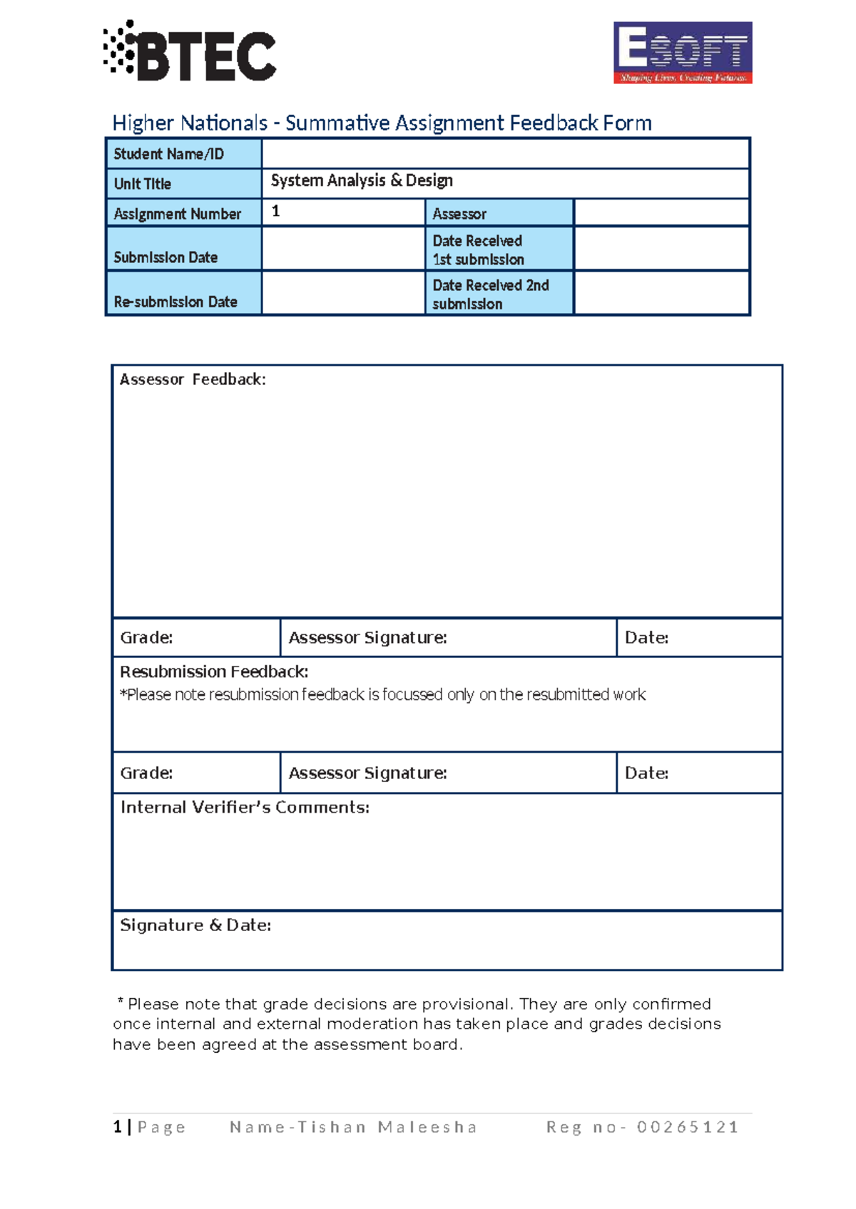Unit 35: System Analysis and Design Assignment Feedback Form 2024-2025 ...