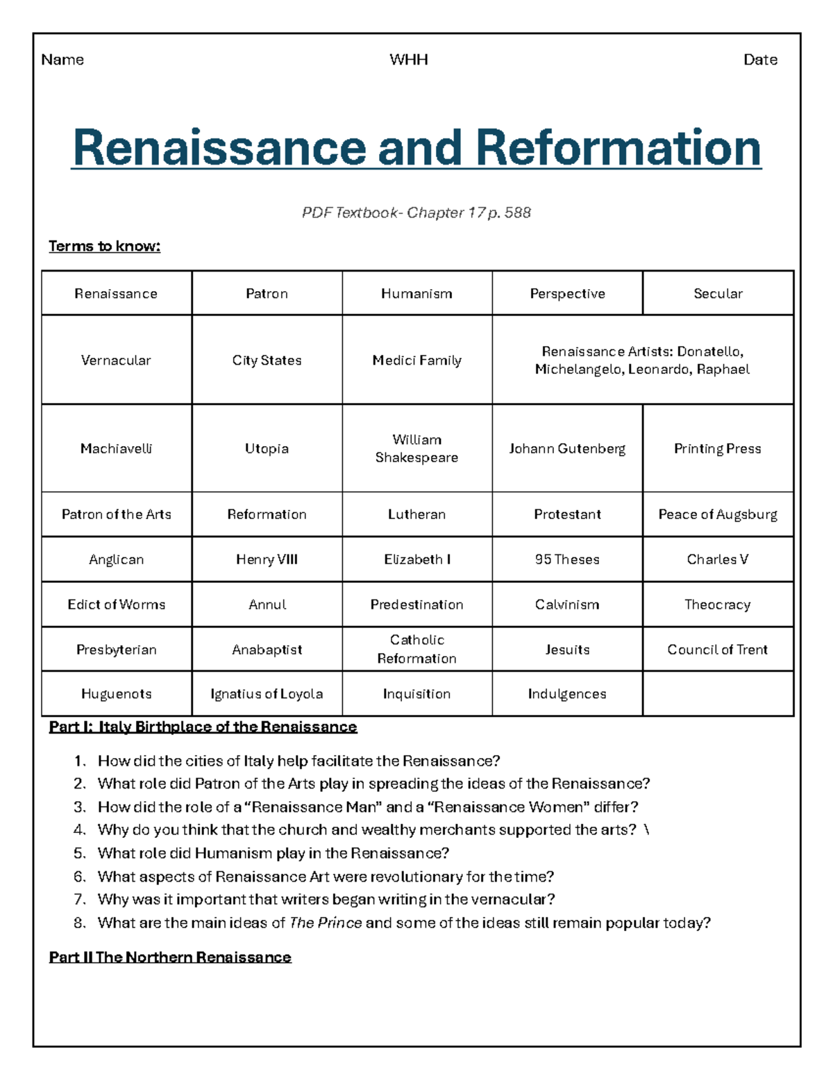WHH Renaissance and Reformation Study Guide: Key Terms & Concepts - Studocu