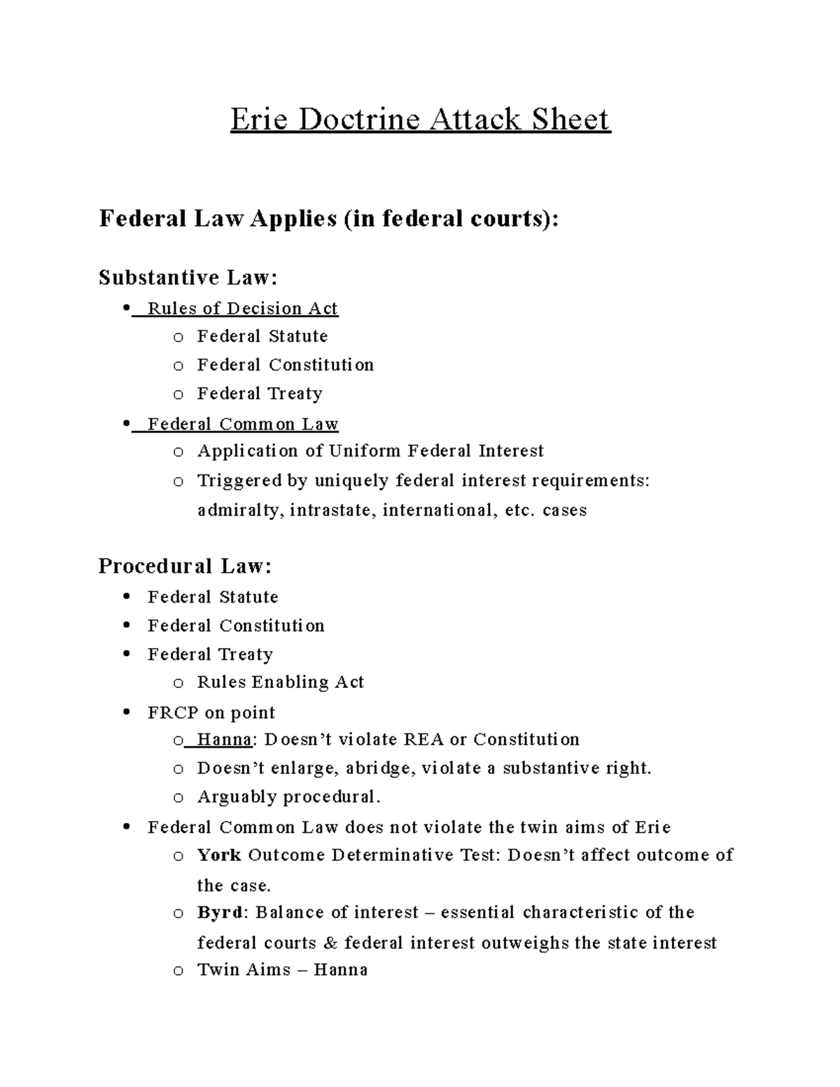 Erie Doctrine Useful Sheet - Erie Doctrine Attack Sheet Federal Law ...