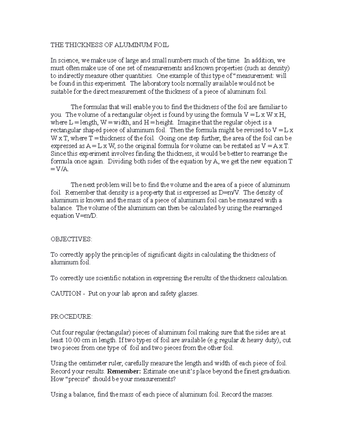 Lab Thickness of Al Foil - THE THICKNESS OF ALUMINUM FOIL In science ...