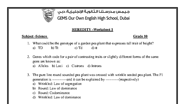 Heredity Worksheet 1 - Grade 10 Genetics Questions - Studocu