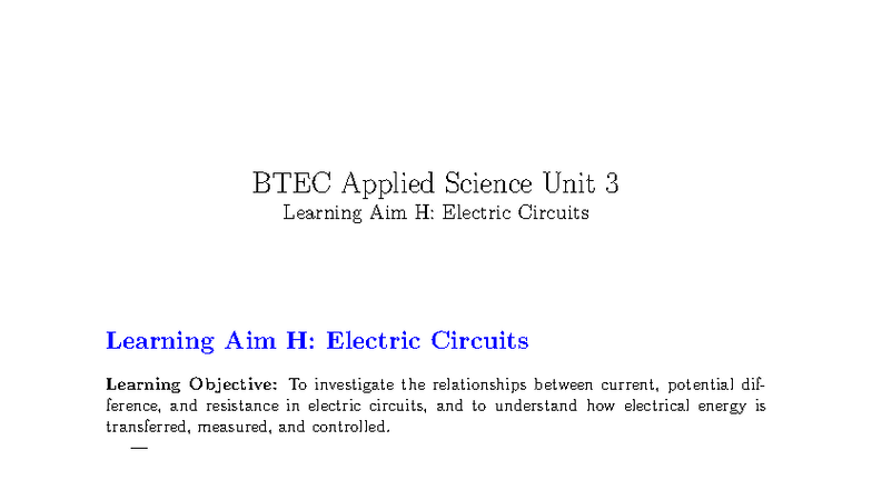 BTEC Applied Science Unit 3 Learning Aim H: Electric Circuits Notes ...