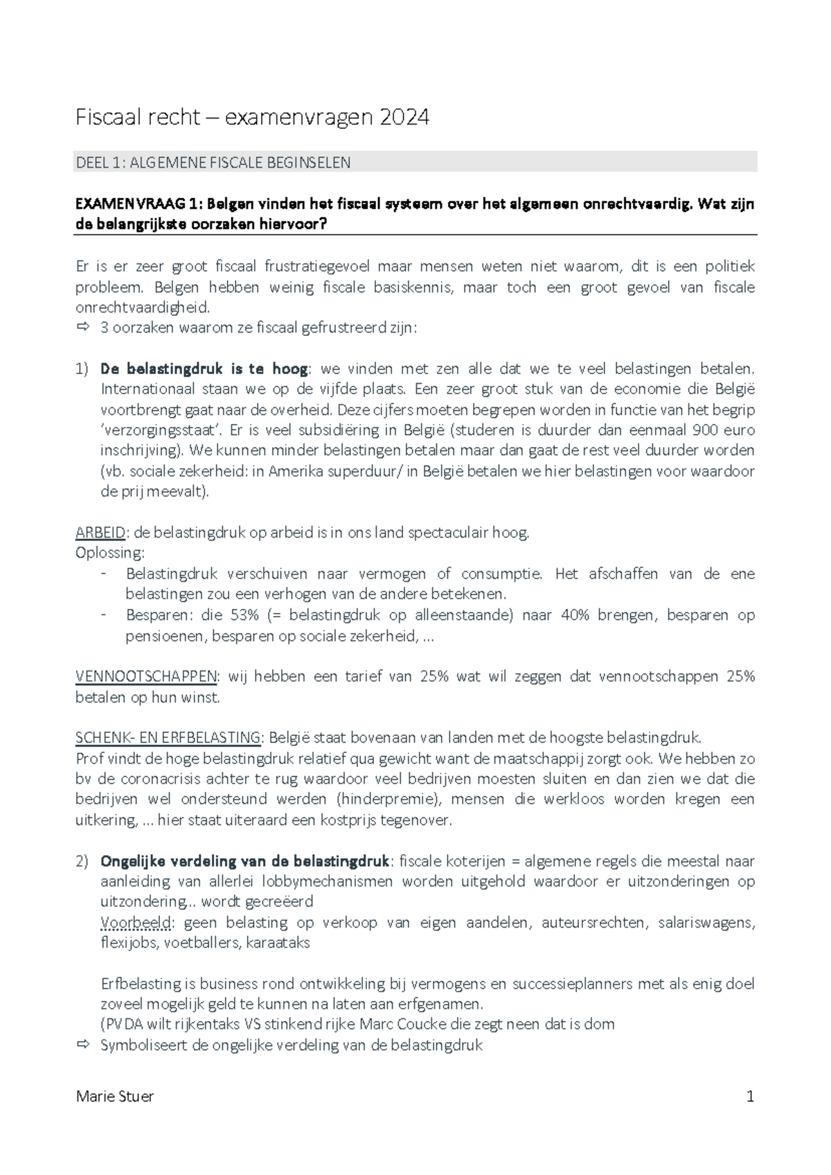 Fiscaal Recht - Examenvragen 2023-24: Algemene Principes en ...