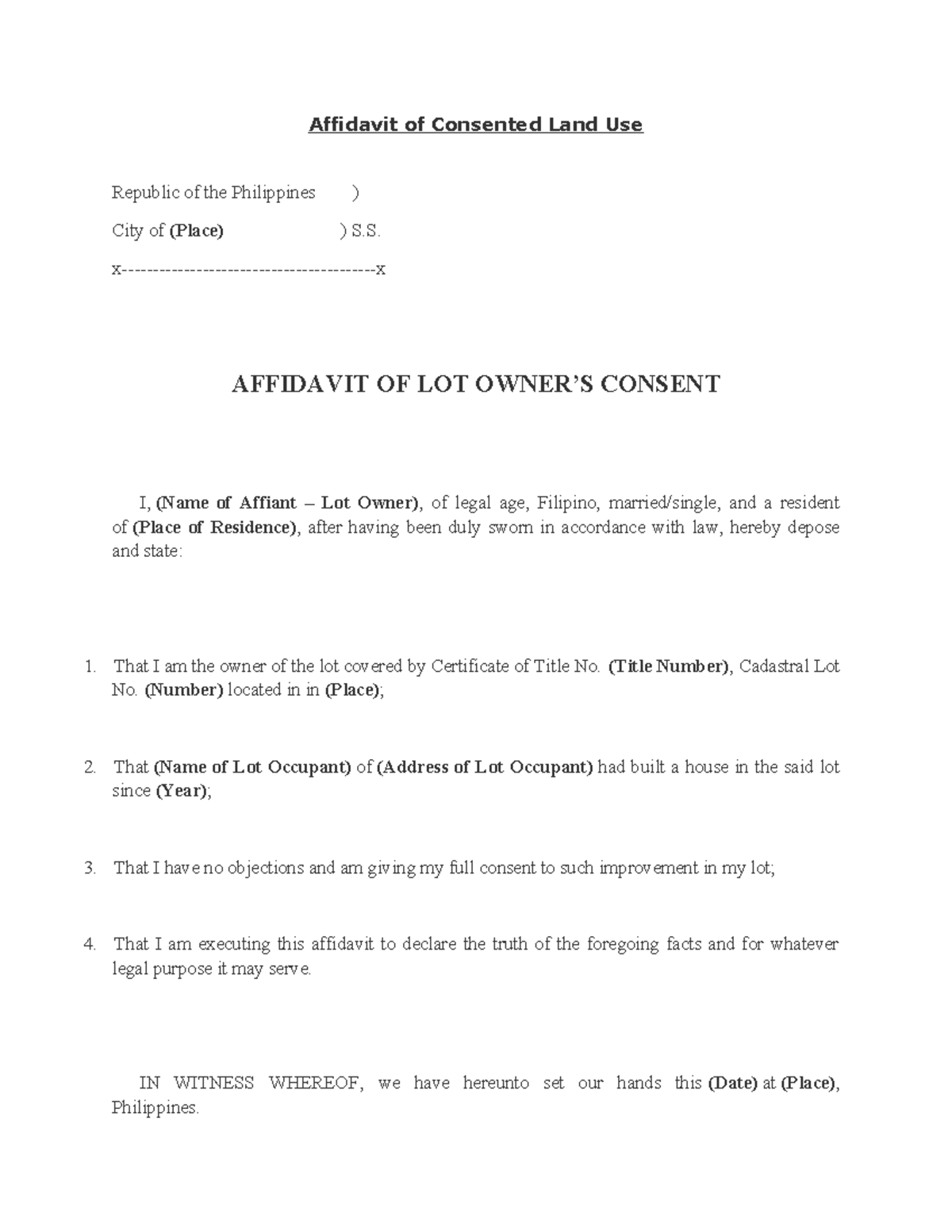 Affidavit of Consented Land Use for Legal Purposes - Studocu