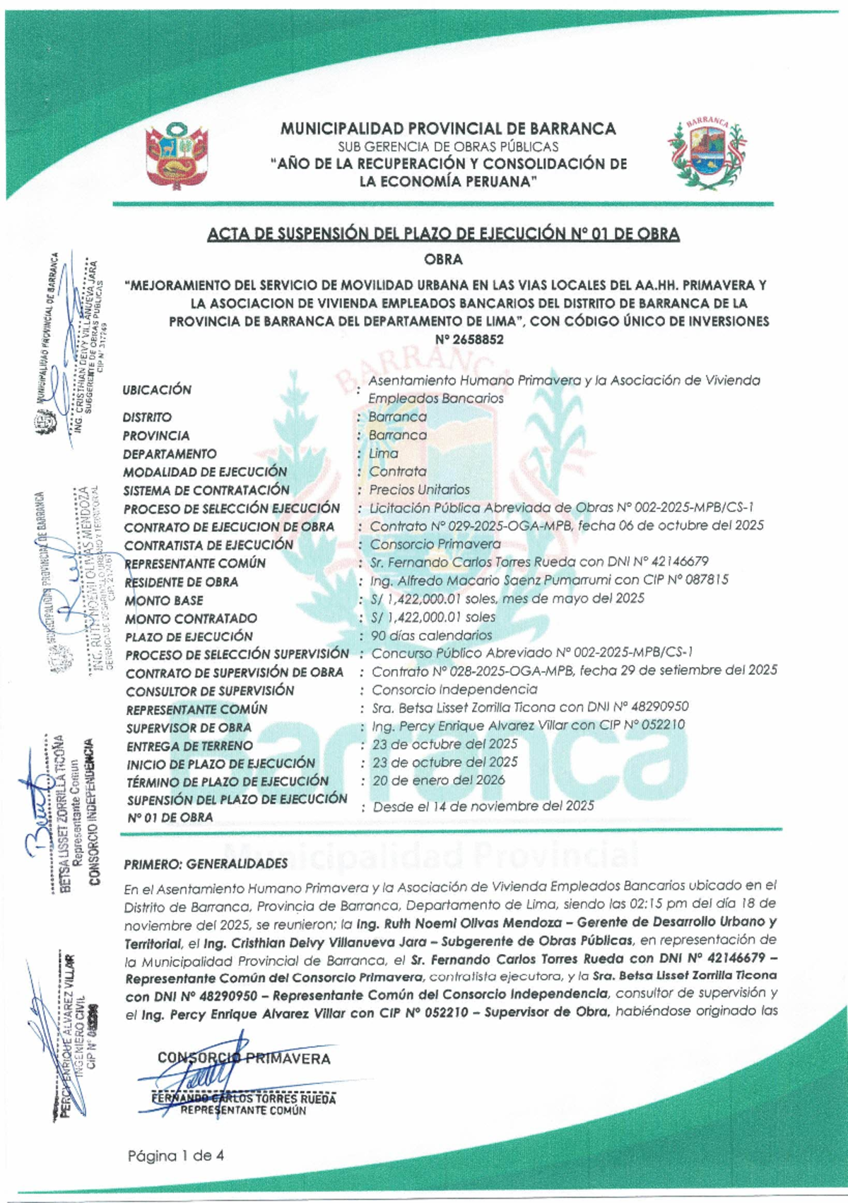 Acta de Suspensión de Obra N°01 - Municipalidad Provincial de Barranca ...