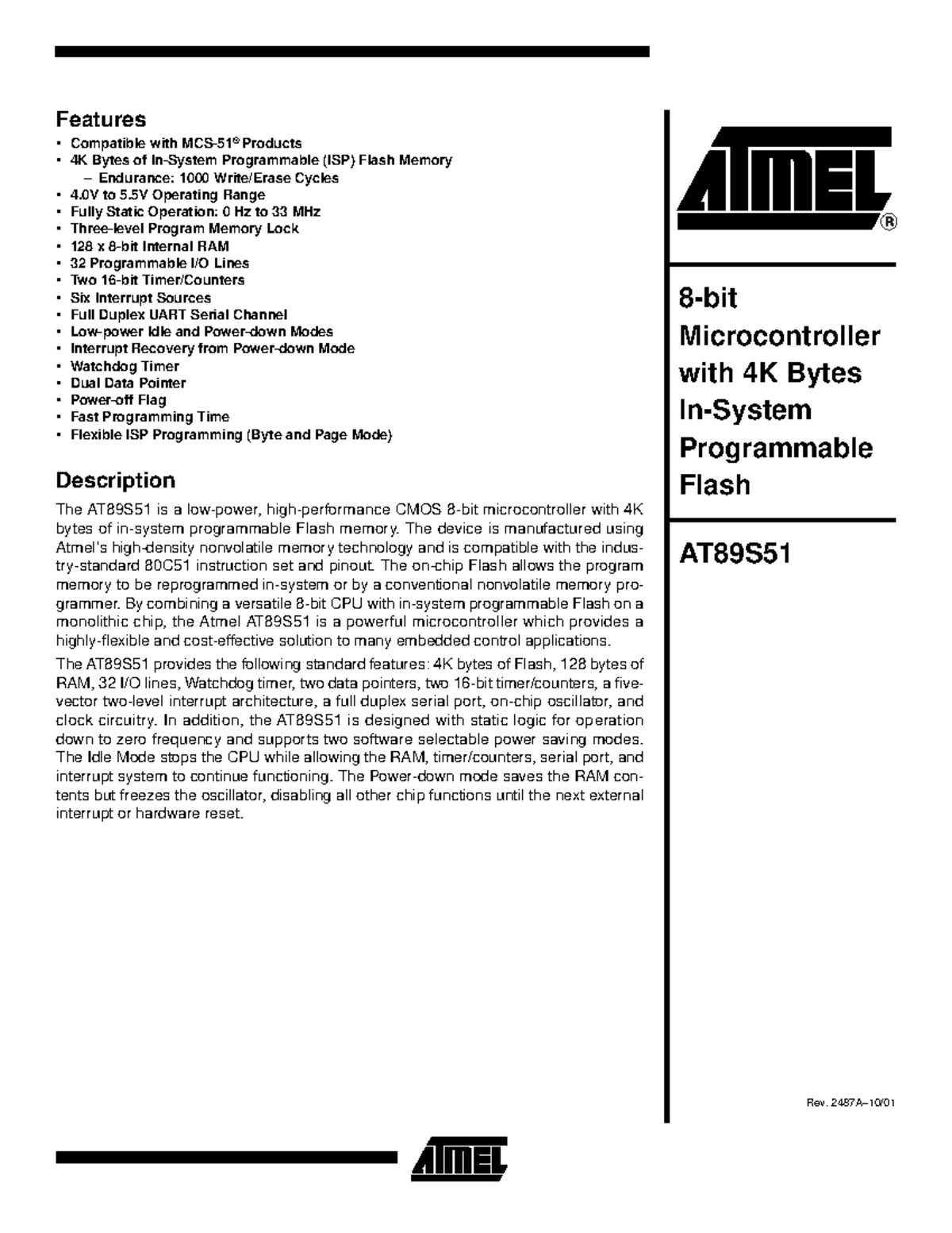 AT89S51 Microcontroller Datasheet: Features & Specifications - Studocu