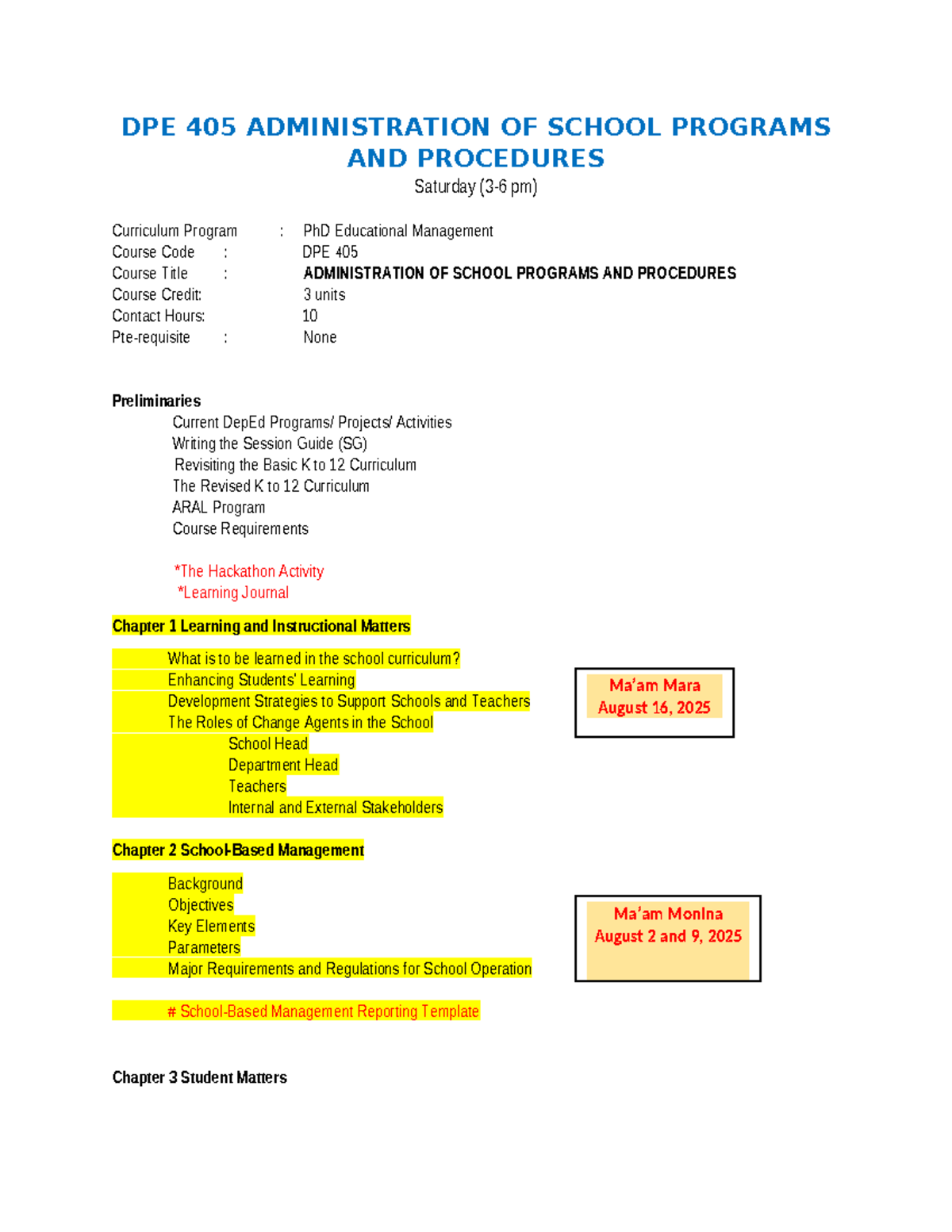 DPE 405 Final Exam: Administration of School Programs & Procedures ...