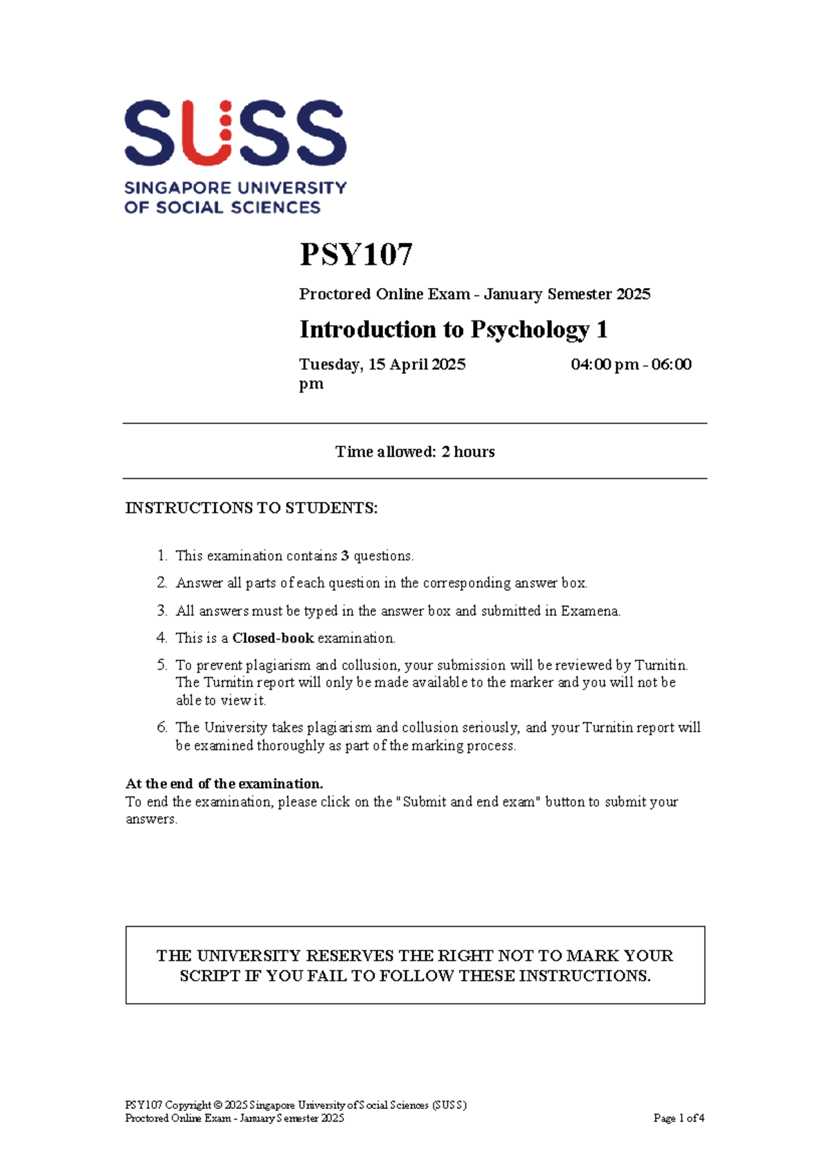 PSY107 January 2025 Proctored Online Exam - Past Paper Analysis - Studocu
